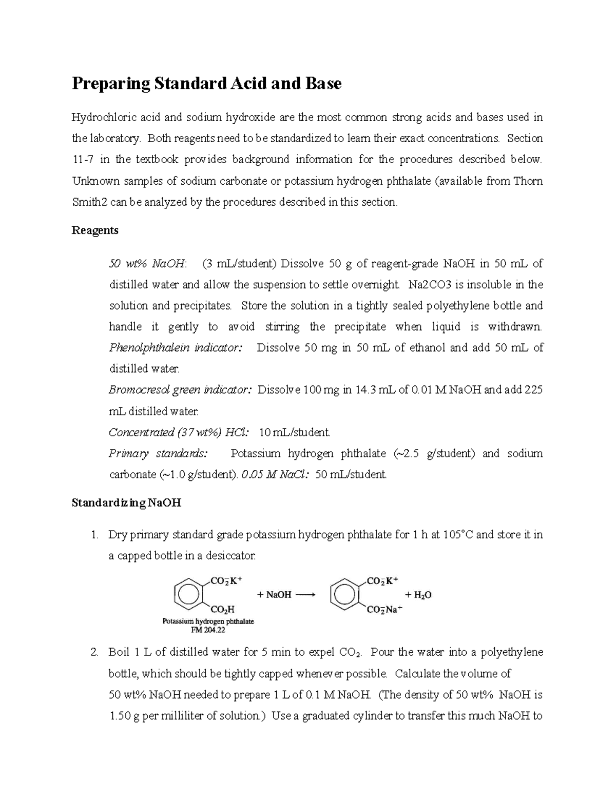 Experiment 3 Procedure - Preparing Standard Acid and Base Hydrochloric acid and sodium hydroxide ...