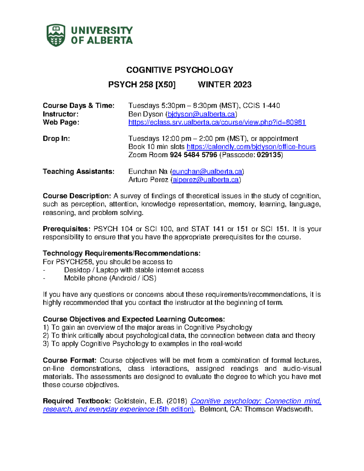 Psych 258 W23 - syllabus for ben dyson class - COGNITIVE PSYCHOLOGY ...