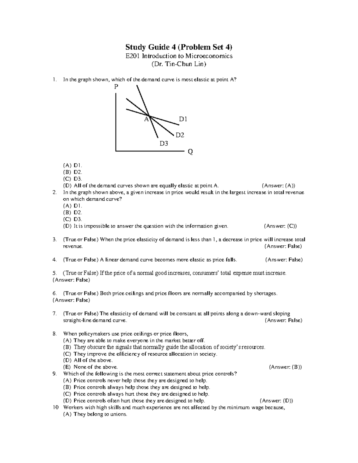 E201 - Problem Set (Study Guide) 04 - Study Guide 4 (Problem Set 4) E 201 Introduction to - Studocu