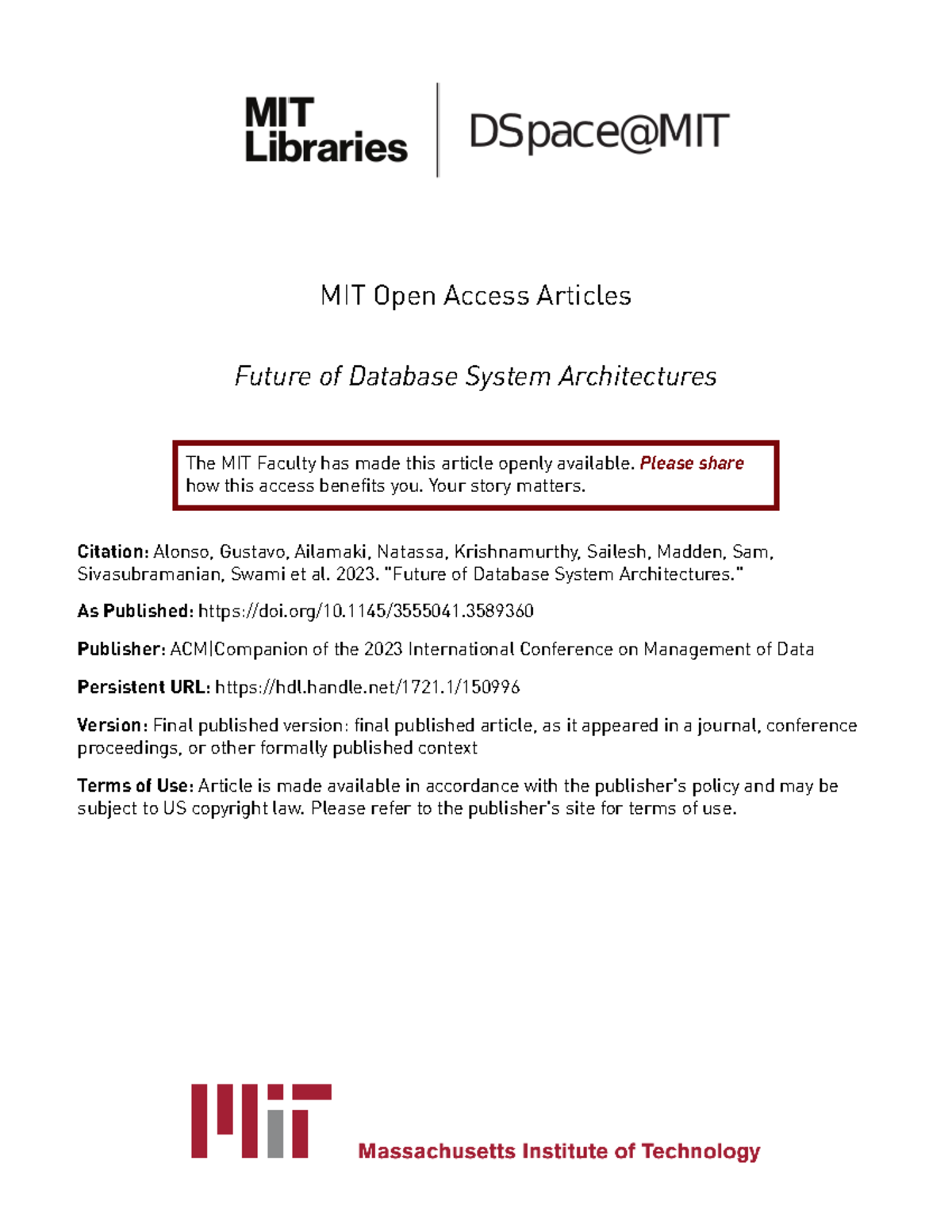 3555041 - ITS A GOOD - MIT Open Access Articles Future of Database ...