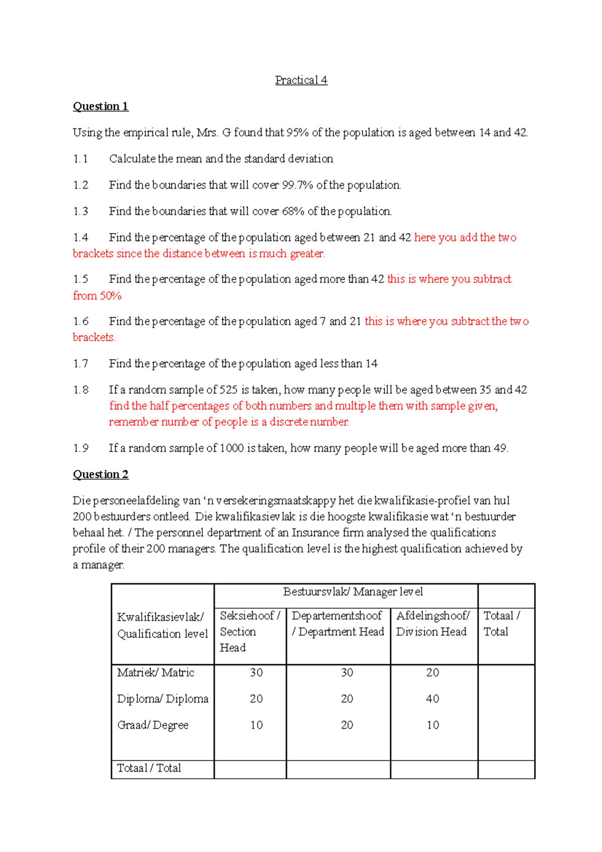 Practical 4 (10) - Practical 4 Question 1 Using the empirical rule, Mrs. G found that 95% of the ...