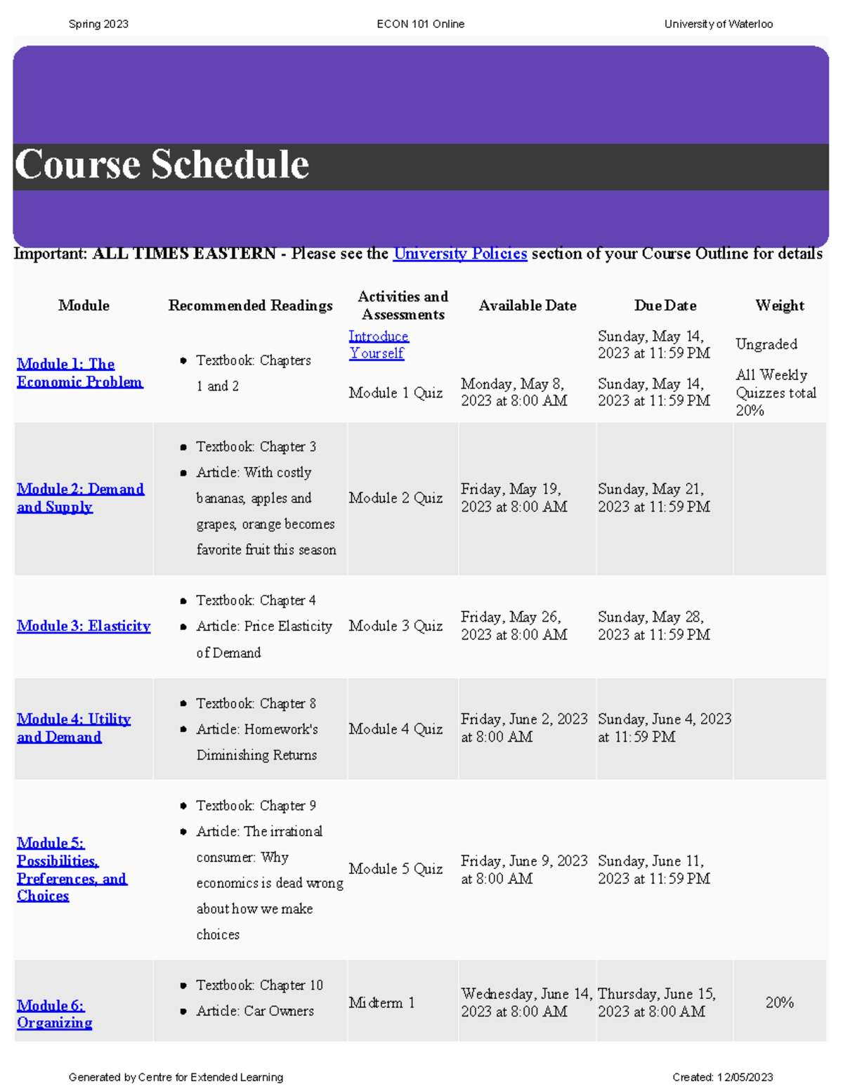 1235 ECON 101 - 1235 ECON 101 - Course Schedule Important: ALL TIMES ...