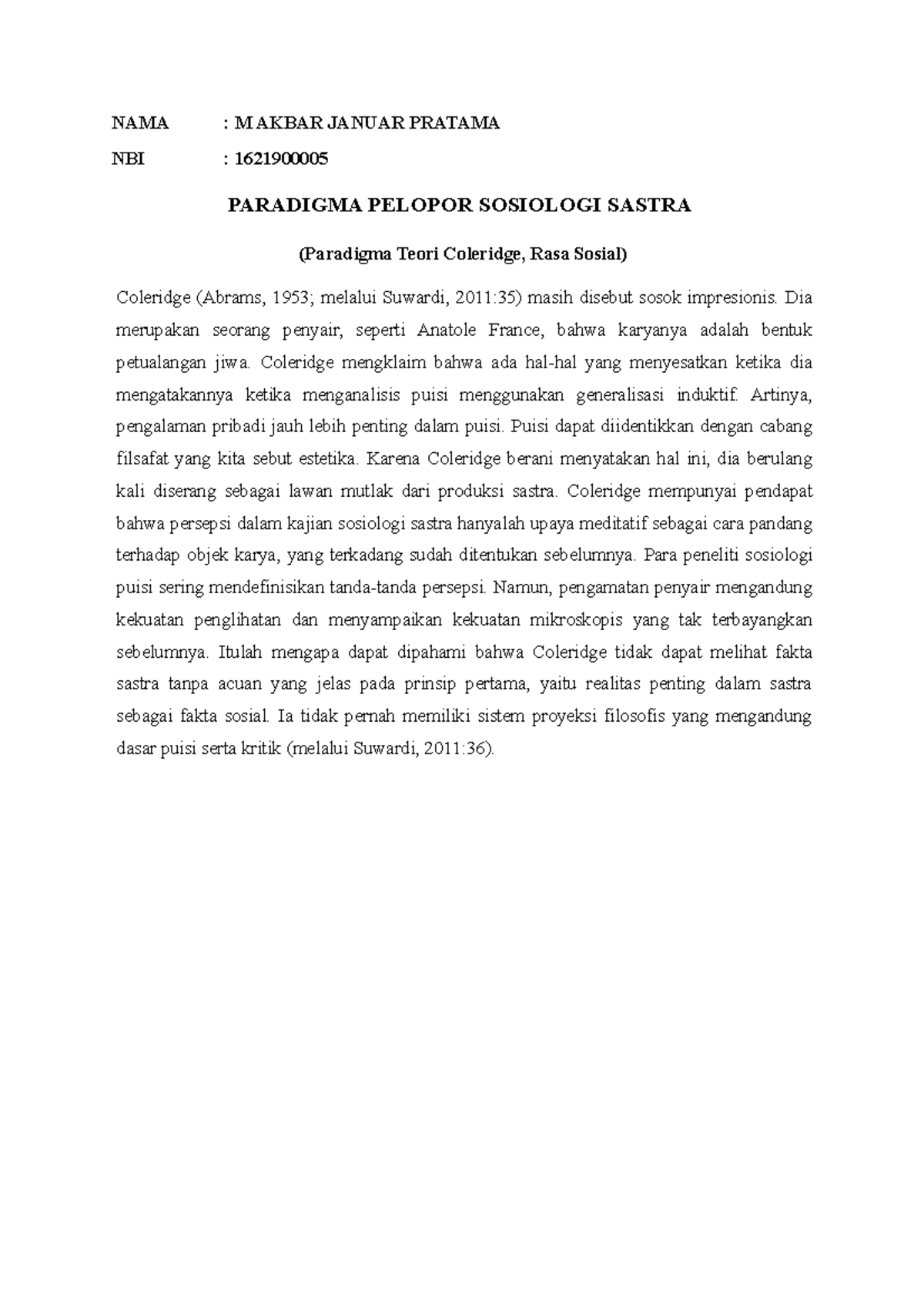 Paradigma Pelopor Sosiologi Sastra (Paradigma Teori Coleridge, Rasa Sosial) - NAMA : M AKBAR ...