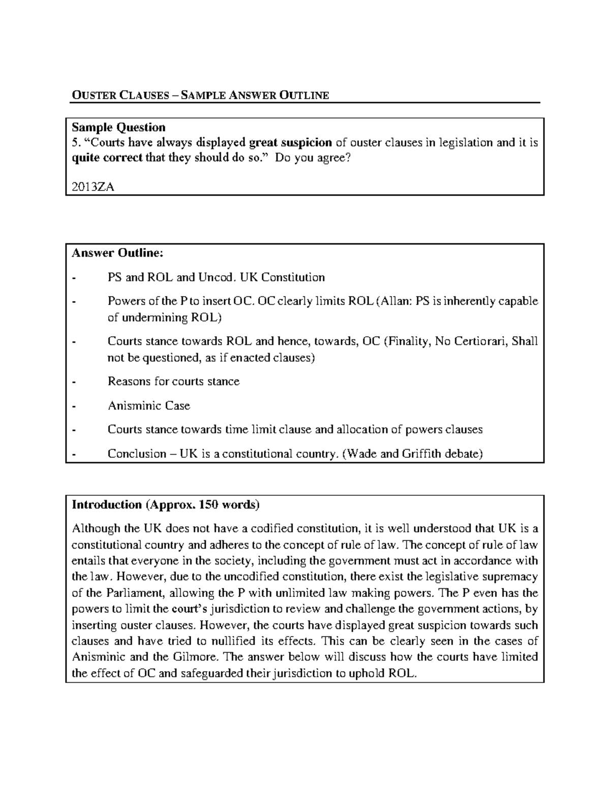 Ouster Clauses - Sample Answer Outline - OUSTER CLAUSES – SAMPLE ANSWER OUTLINE Sample Question ...