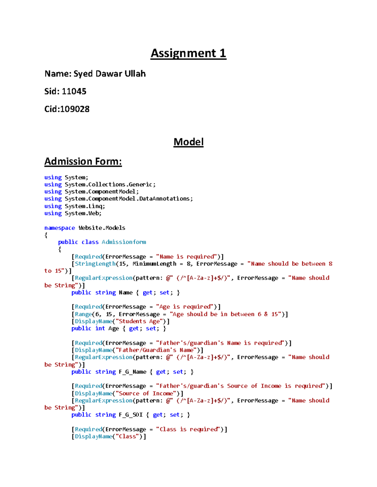 11045-Syed Dawar Assignment 1 - Assignment 1 Name: Syed Dawar Ullah Sid ...