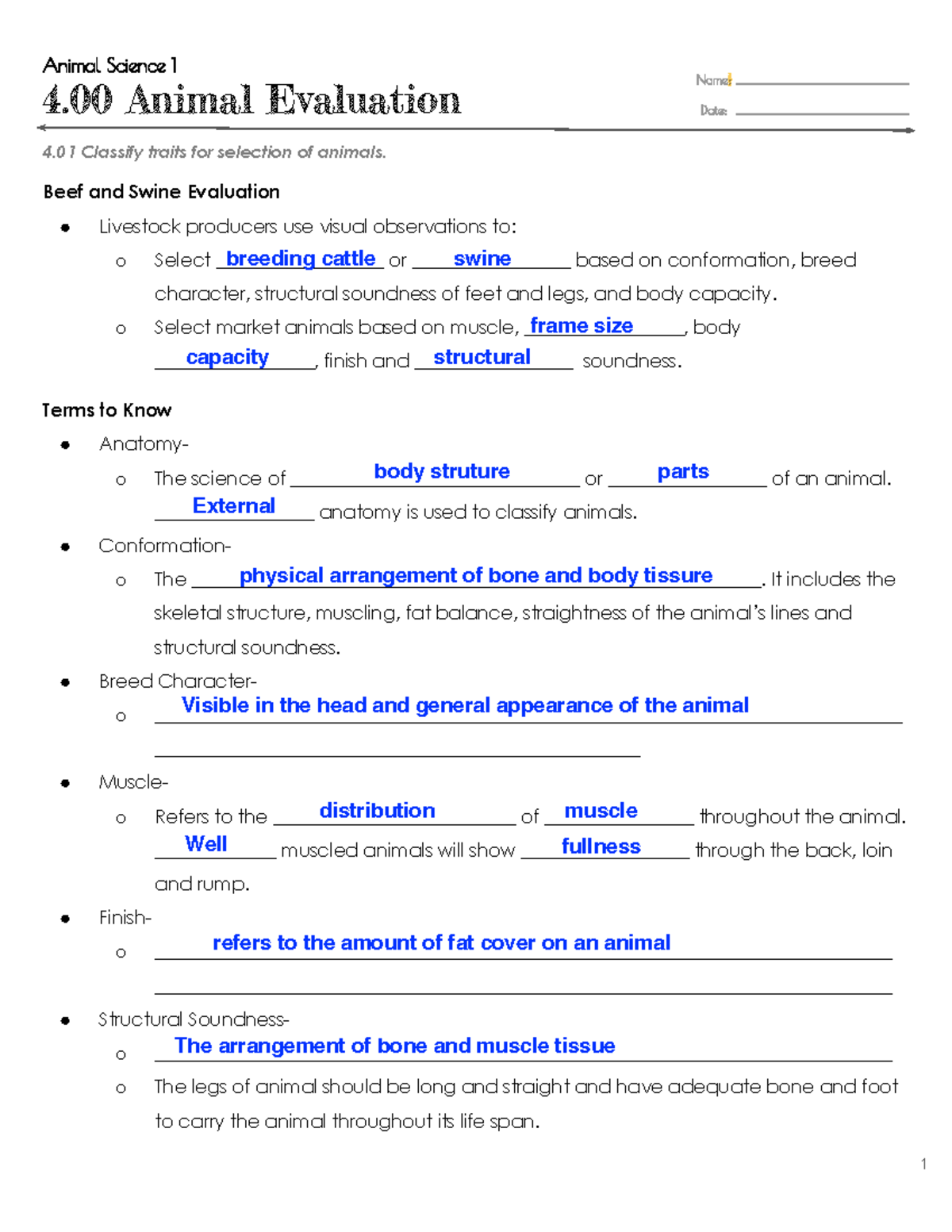 4.01 Terms to Know Notes - Animal Science 1 4 Animal Evaluation 4 ...
