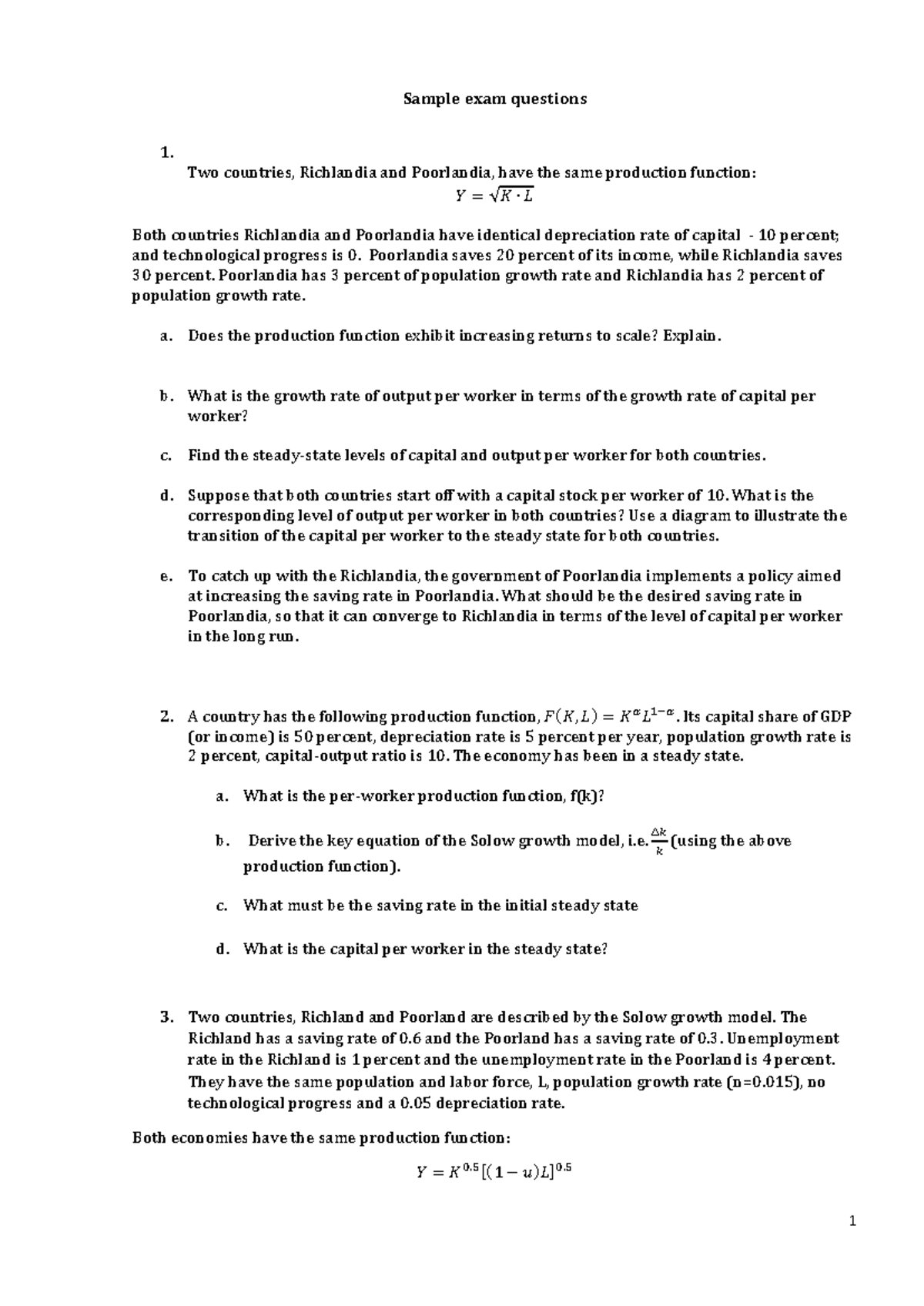Sample exam questions - Done - 1 Sample exam questions 1. Two countries ...