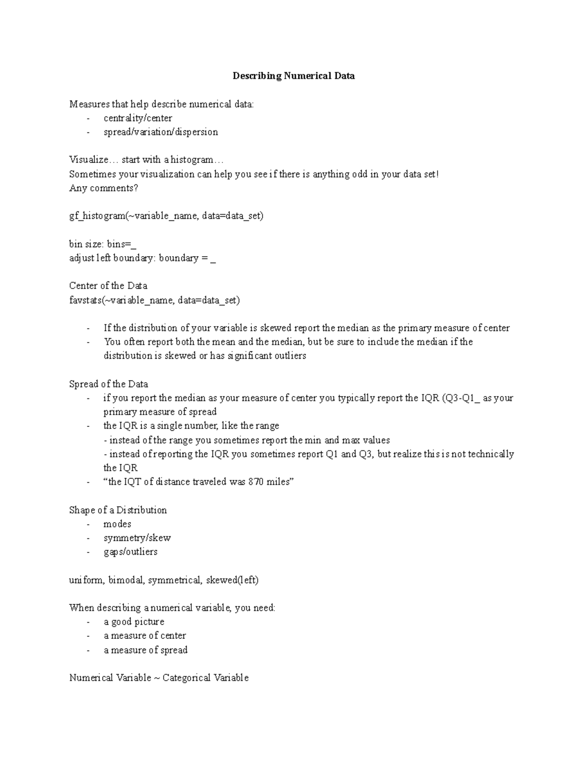 (03) Describing Numerical Data - Describing Numerical Data Measures that help describe numerical ...