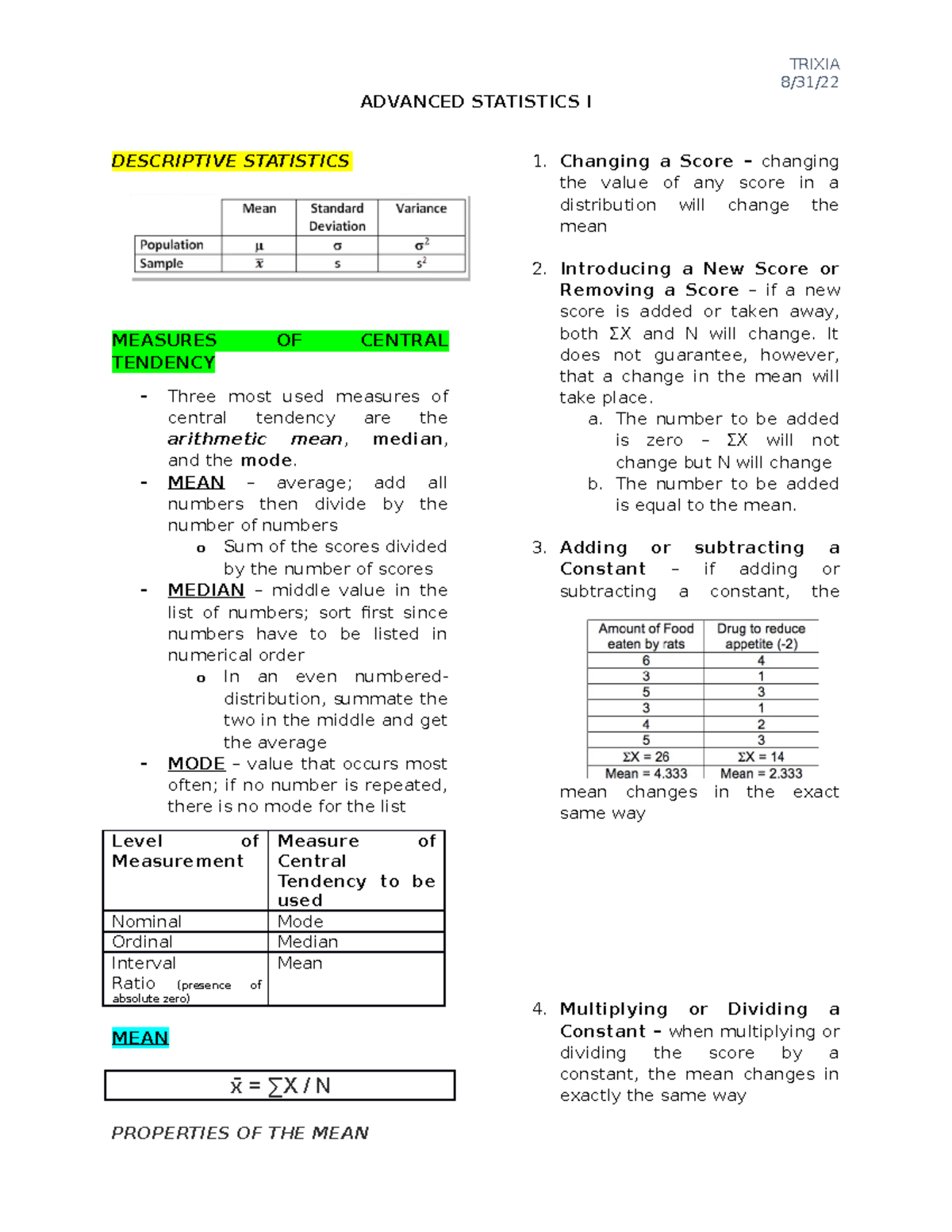Adv Stats 083122 - Statistics notes. - 8/31/ ADVANCED STATISTICS I ...