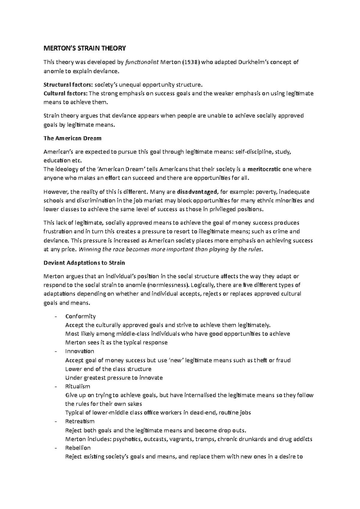 Merton - Strain Theory (Crime) - MERTON’S STRAIN THEORY This theory was ...