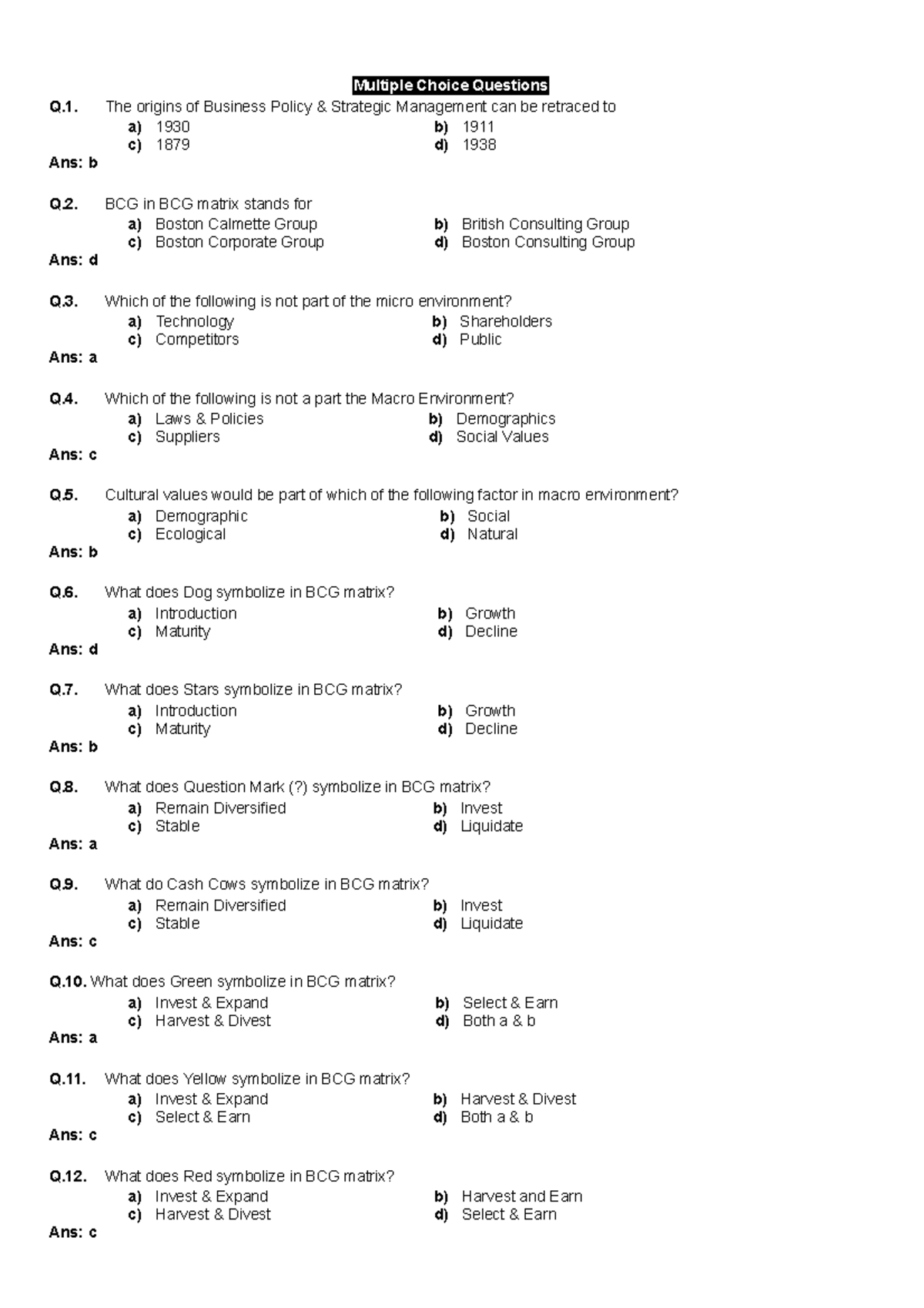 Bcg - test - Multiple Choice Questions Q. The origins of Business ...