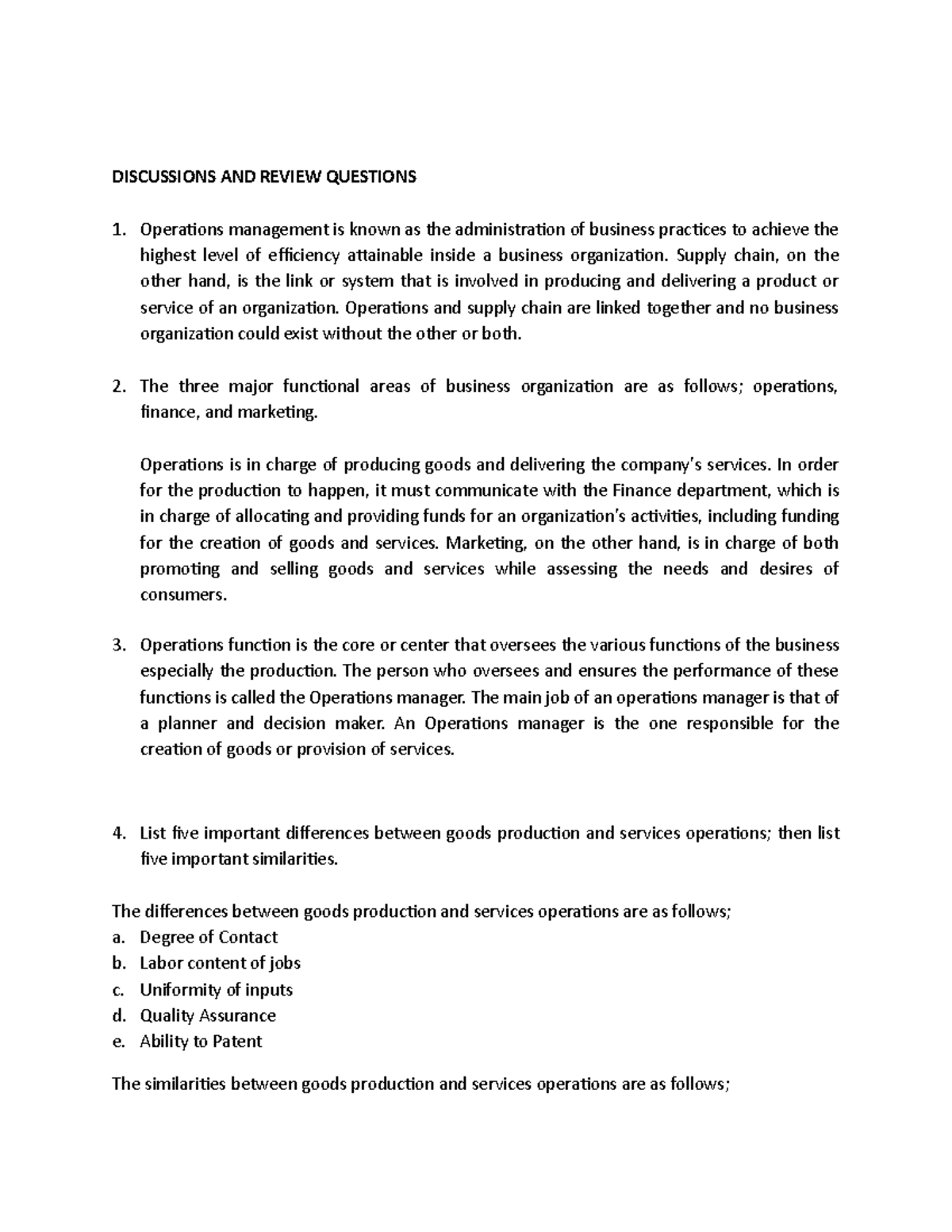 Chapter 1 OM - Introduction to Operations; Discussion and Review ...