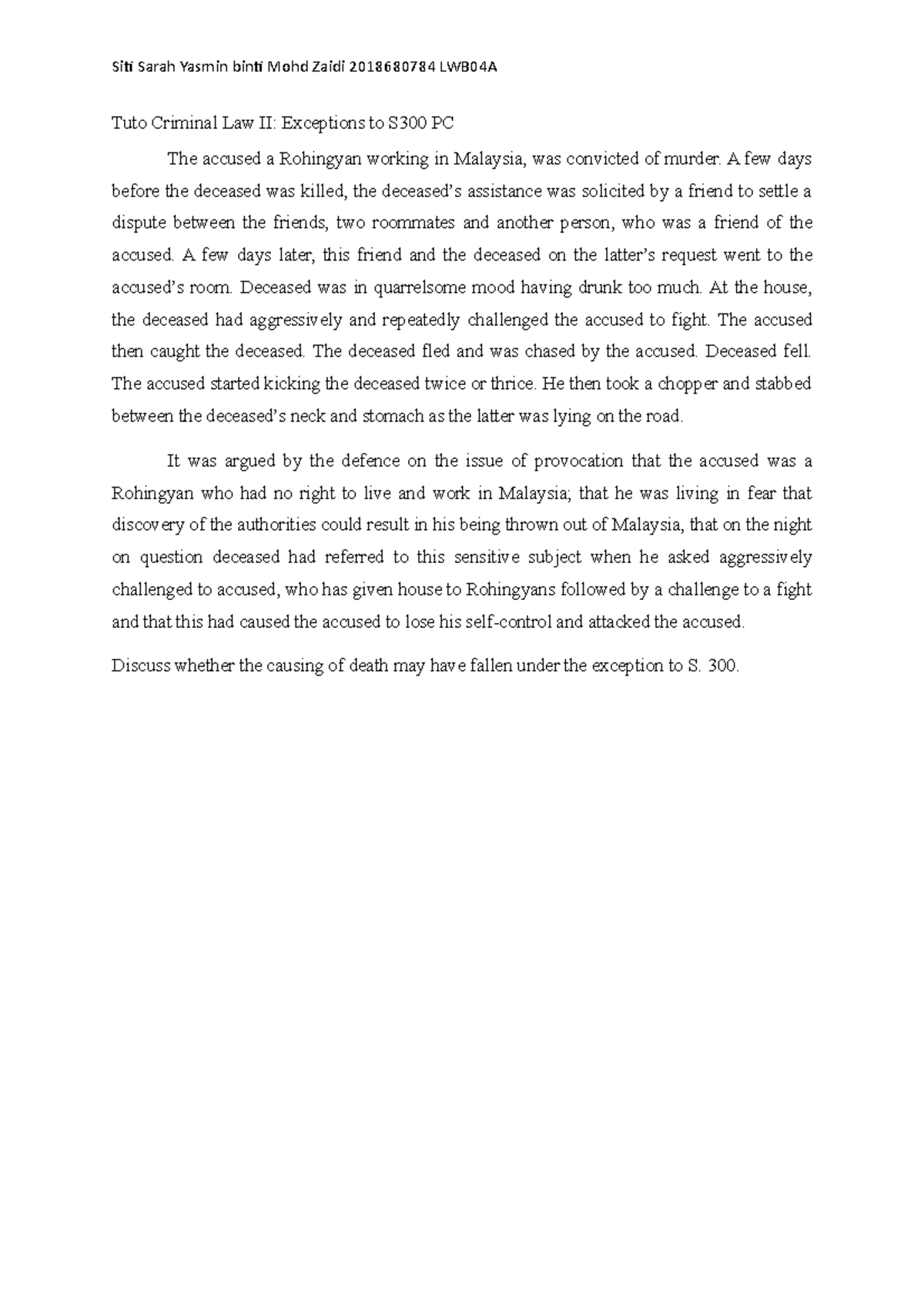 Grave And Sudden Provocation Tuto Sii Sarah Yasmin Bini Mohd Zaidi