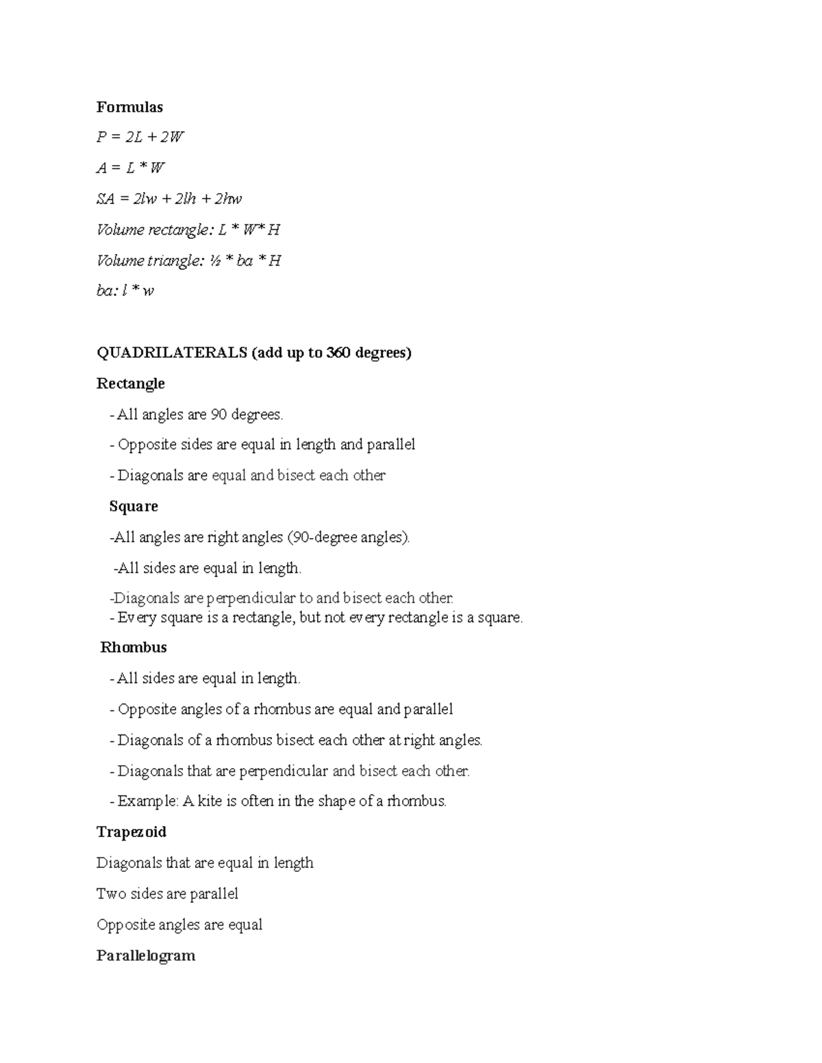 MATH - geometry formulas - Formulas P = 2L + 2W A = L * W SA = 2lw ...