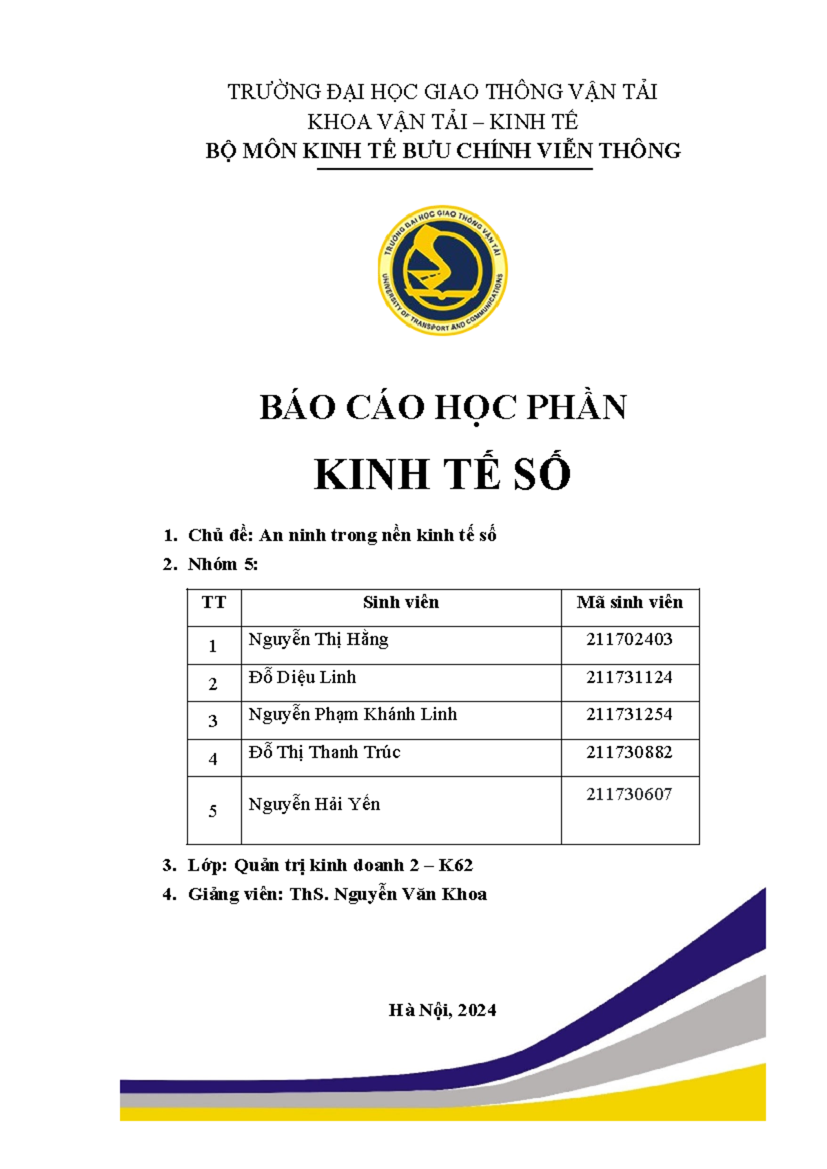 KTS - Nhóm 5 - Nguyen Thị Hang, Do Dieu Linh, Le Kieu Van, Nguyen Pham Khanh Linh, Nguyen Hai ...