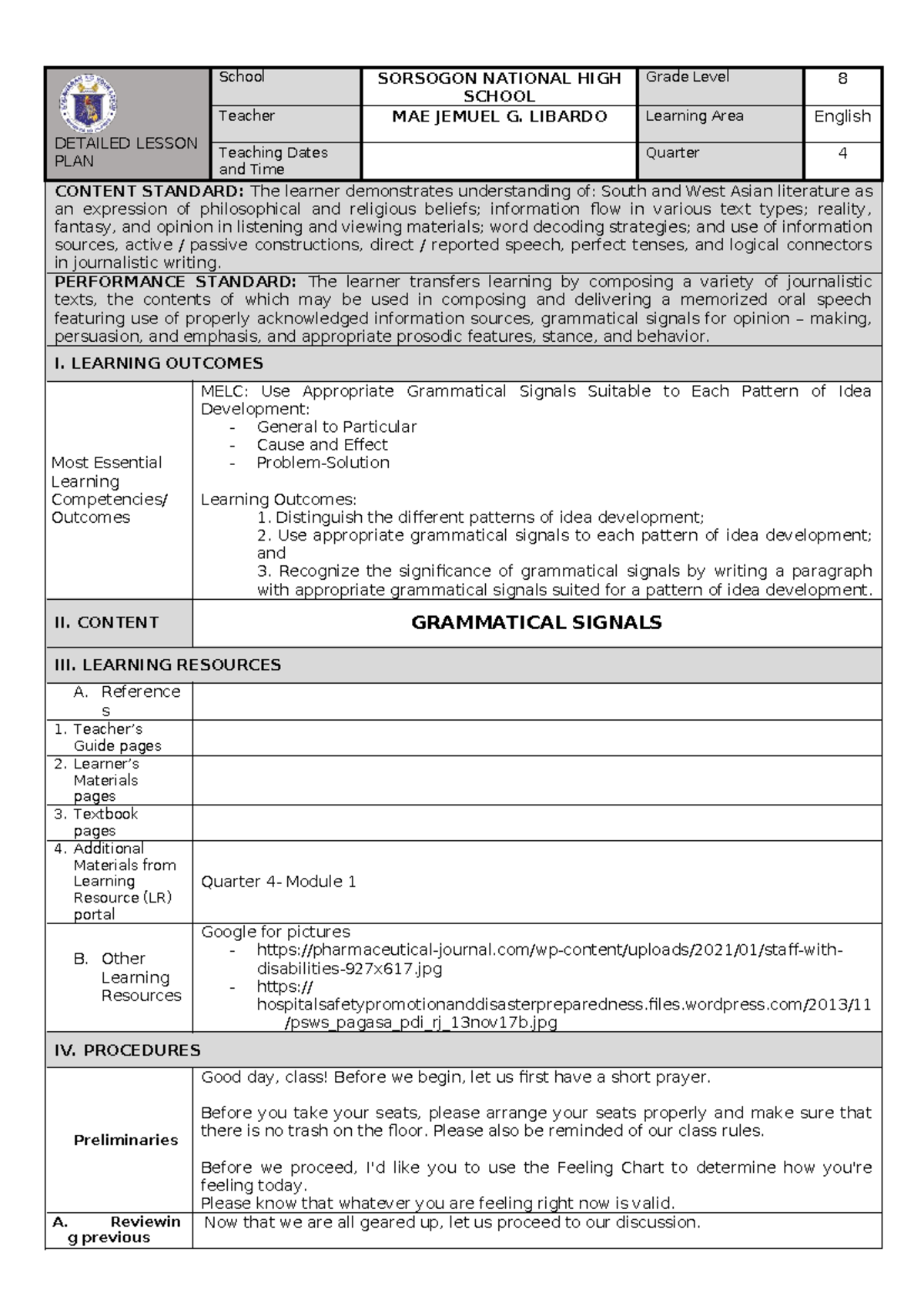 Grammatical-Signals - DETAILED LESSON PLAN School SORSOGON NATIONAL ...