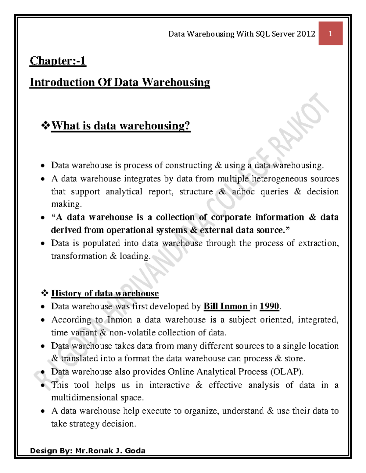 Chapter 1 - data ware house - Chapter:- Introduction Of Data Warehousing What is data ...