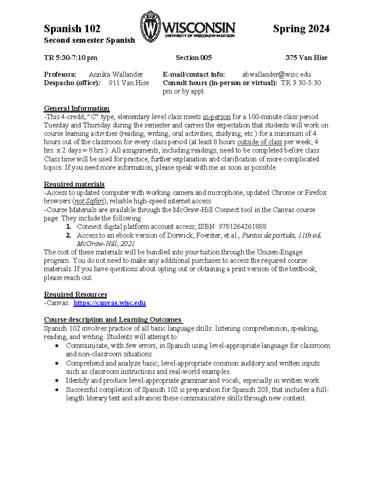 Syllabus for SPAN 102 - Spring 2024 Section 005 375 Van Hise E-mail ...