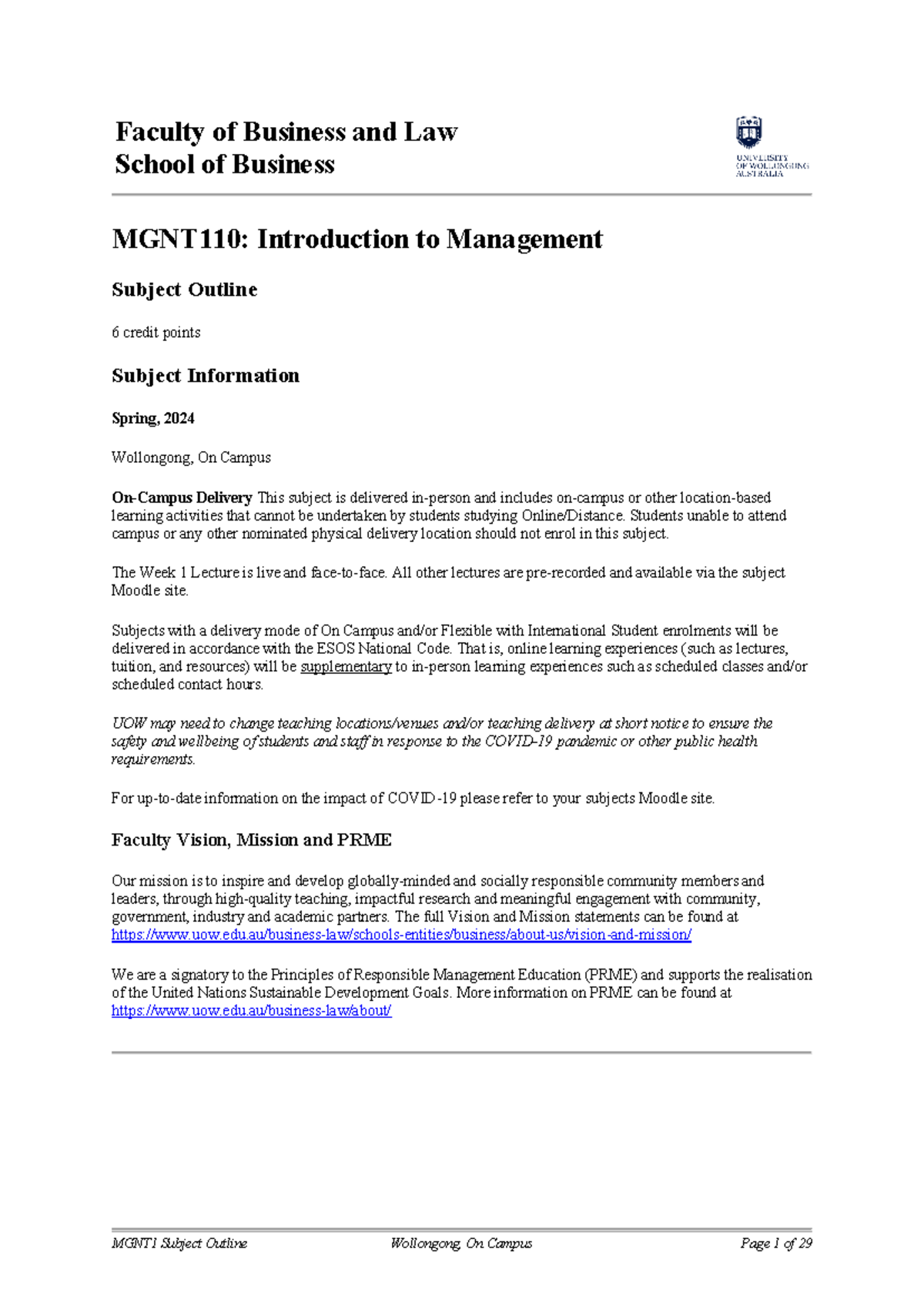 MGNT110 Subject Outline Spring 2024 - Faculty of Business and Law ...