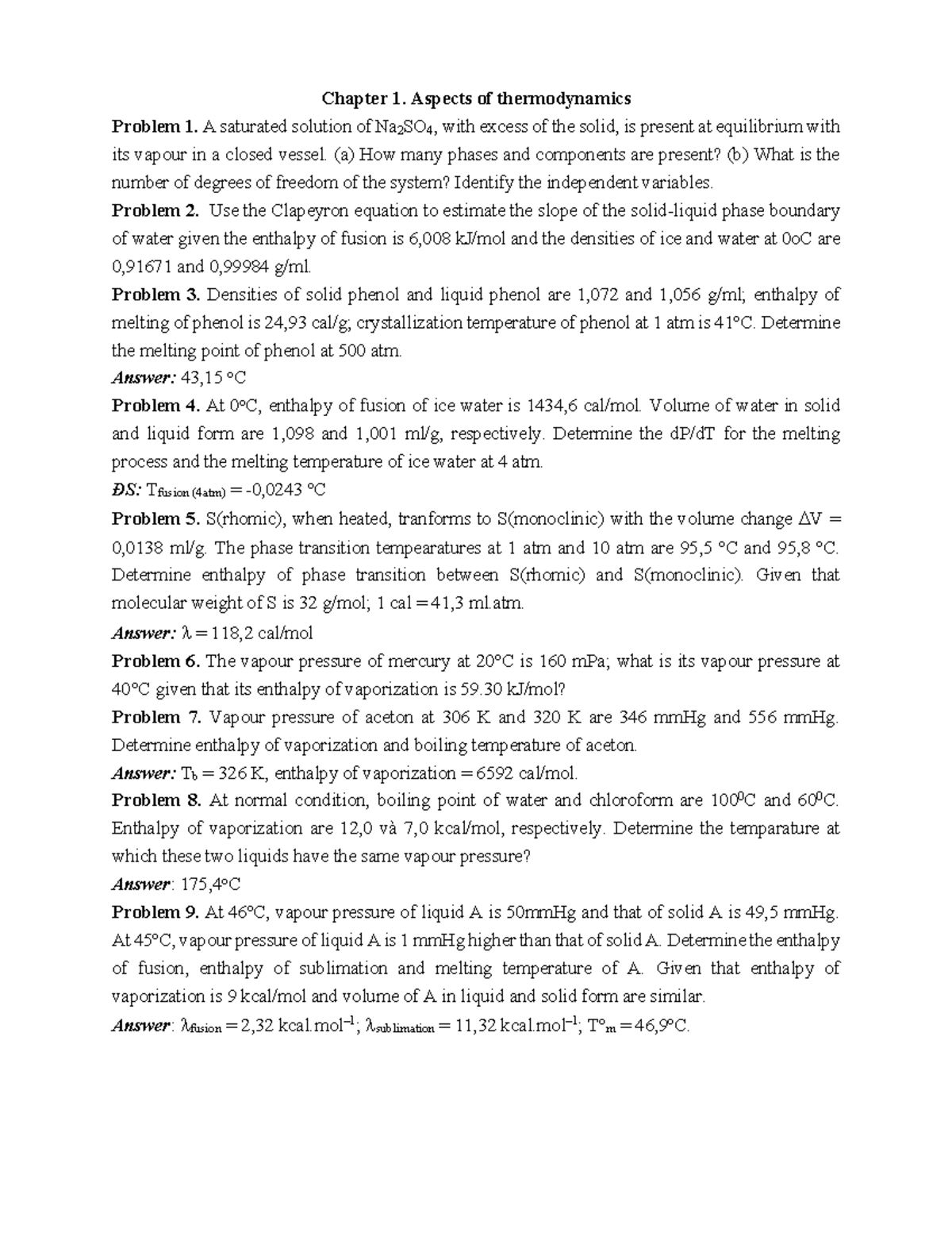 Problems for Chapter 1 - Chapter 1. Aspects of thermodynamics Problem 1. A saturated solution of ...