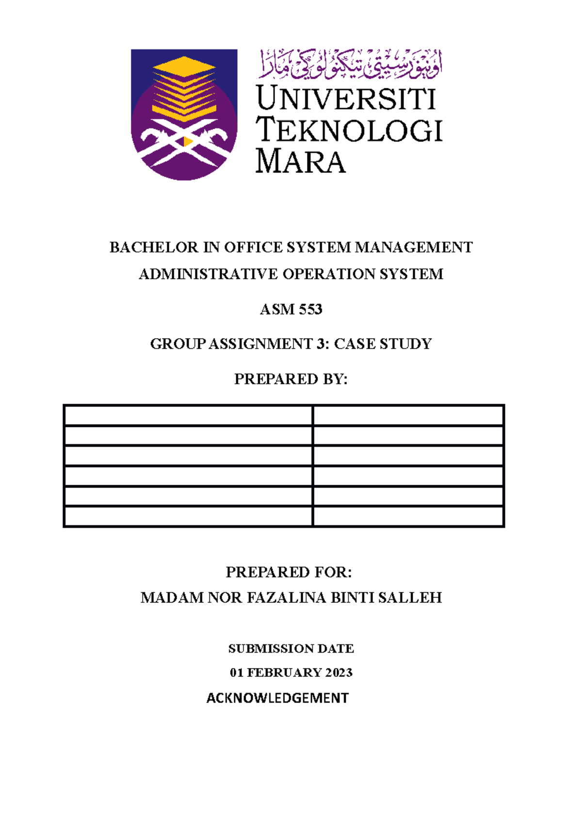 Front Pages ASM 553 CASE Study copy - BACHELOR IN OFFICE SYSTEM ...