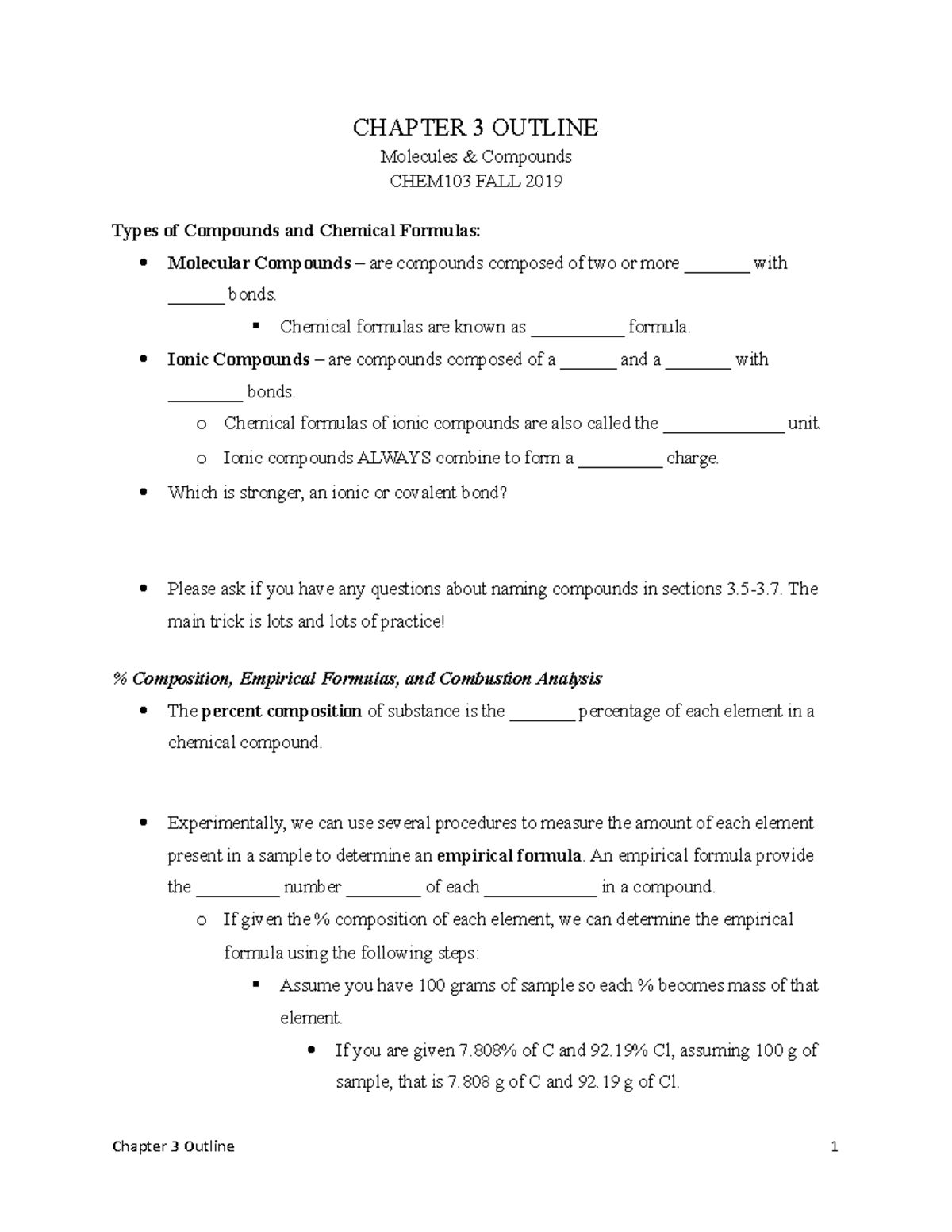 Chapter 3 Outline - CHAPTER 3 OUTLINE Molecules & Compounds CHEM103 ...