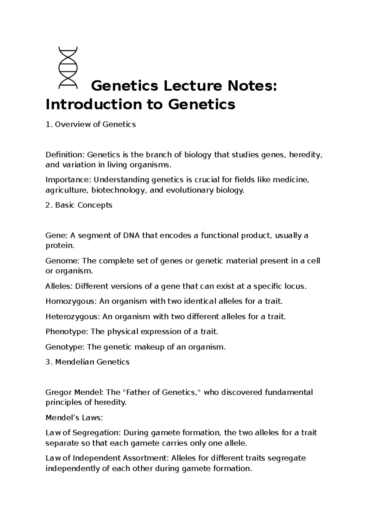 Genetics part1 - intro to gens - Genetics Lecture Notes: Introduction ...
