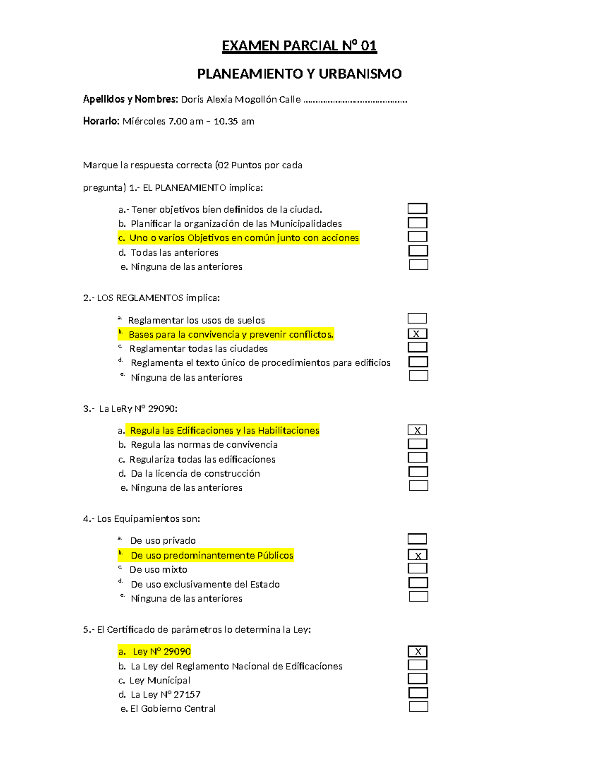 Examen Parcial N° 01 - Urbanismo - EXAMEN PARCIAL N° 01 PLANEAMIENTO Y URBANISMO Apellidos y ...