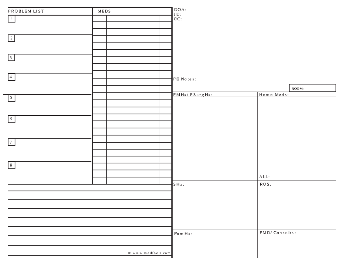 Rounding sheet 1 - Psl404H1 - PROBLEM LIST 1 2 3 4 6 7 8 5 MEDS PMHx ...