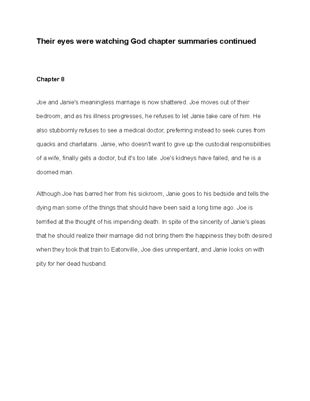 Their eyes were watching God chapter summaries continued 11 - Joe moves ...