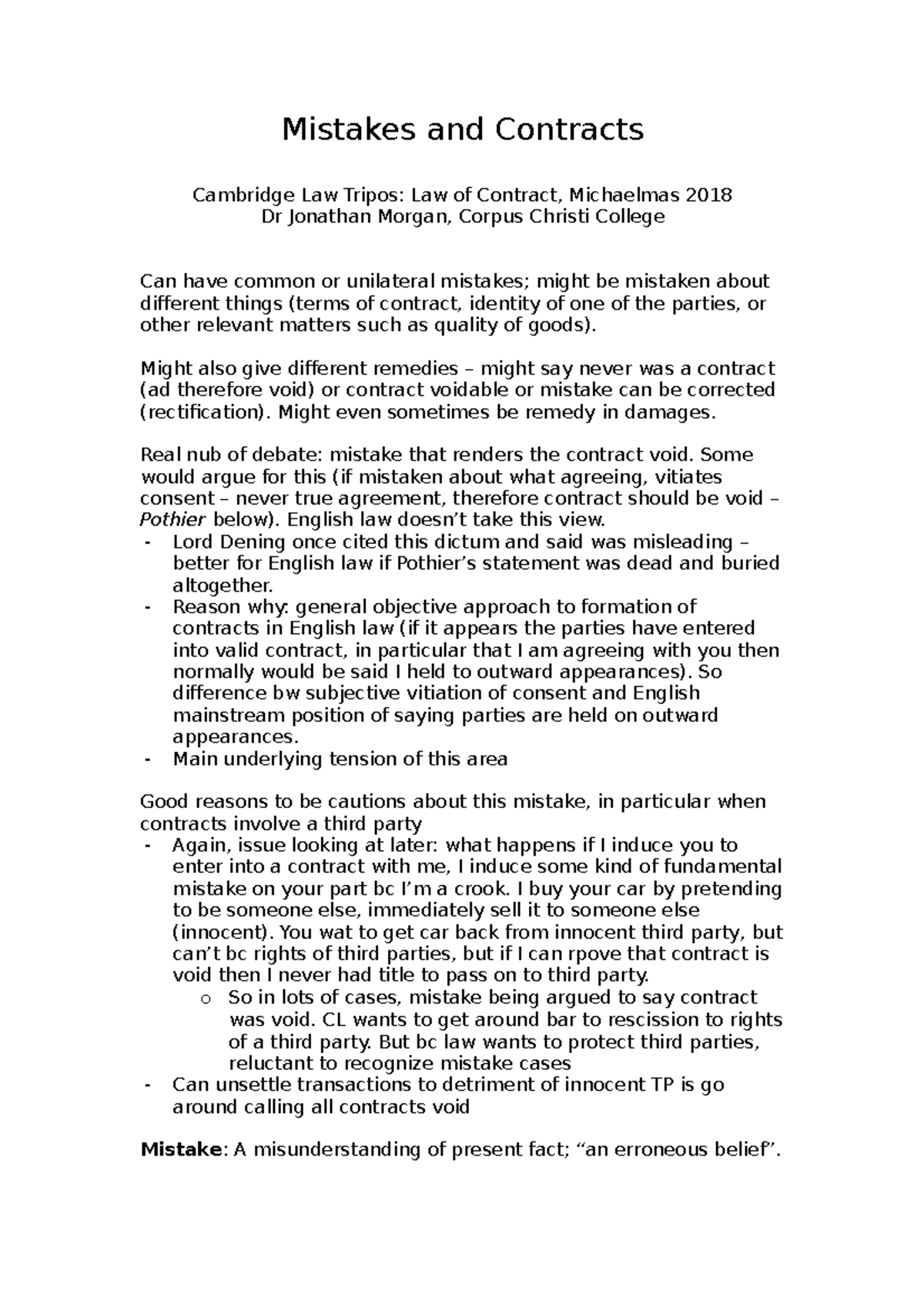 Mistake handout 2018-2 - Mistakes and Contracts Cambridge Law Tripos: Law of Contract ...