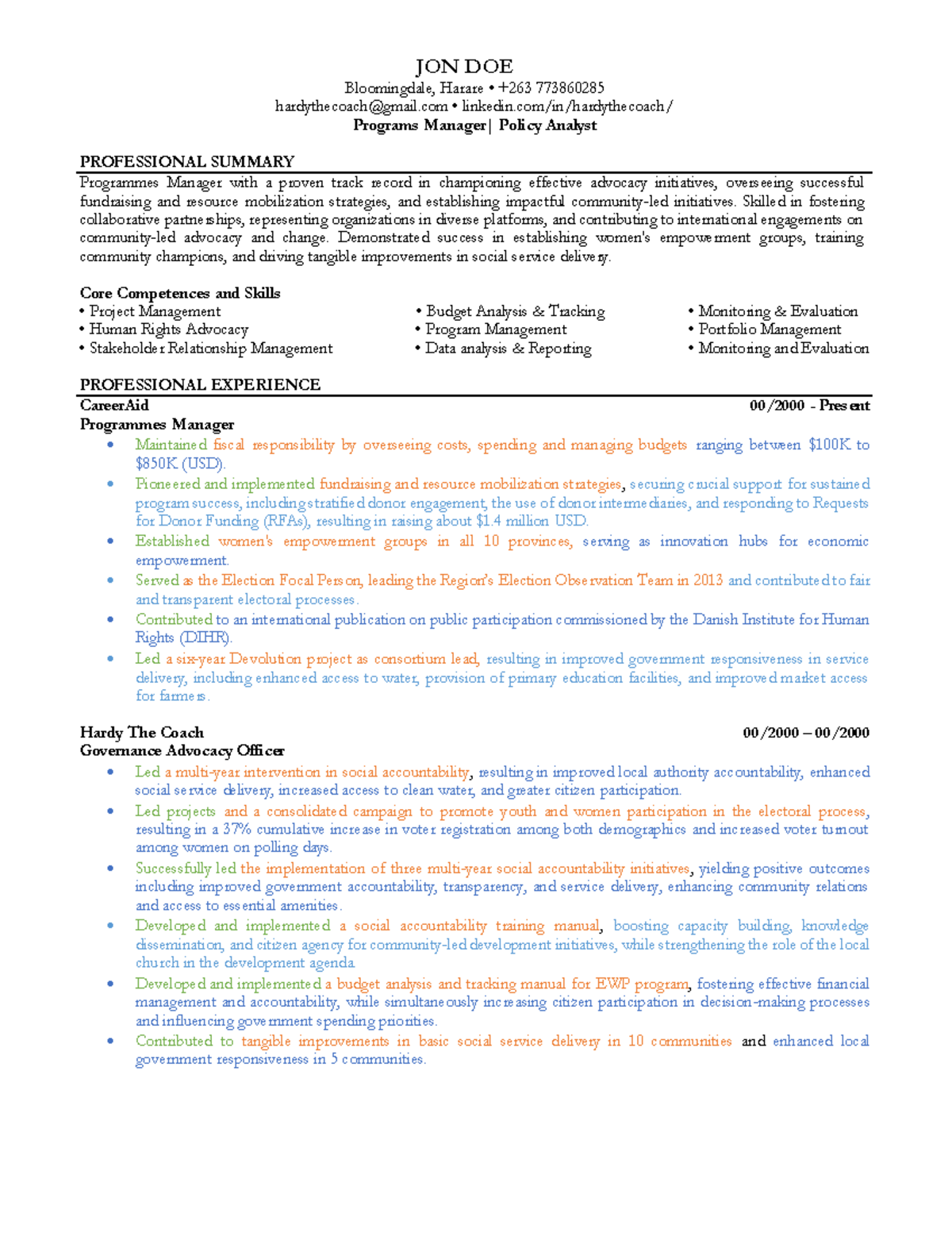 NGO (Civil Society) CV Template - JON DOE Bloomingdale, Harare • +263 ...