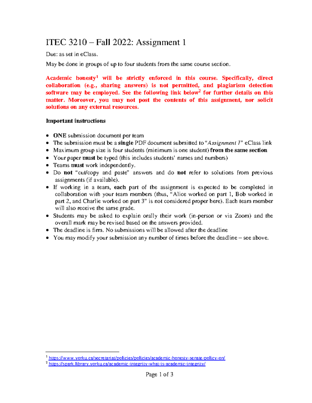 Assignment 1 (AB) - N/A - Page 1 of 3 ITEC 3210 – Fall 2022: Assignment 1 Due: as set in eClass ...