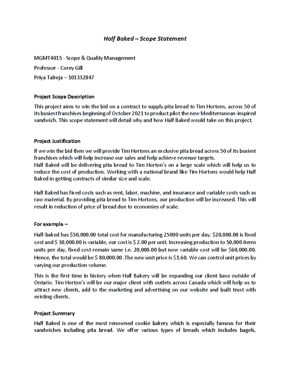 Bakery Scope Statement - Half Baked – Scope Statement MGMT4015 - Scope & Quality Management ...