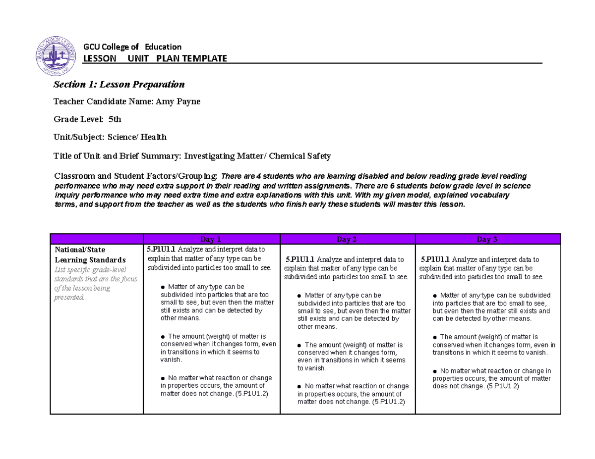 3-day unit plan template Benchmark - Section 1: Lesson Preparation ...