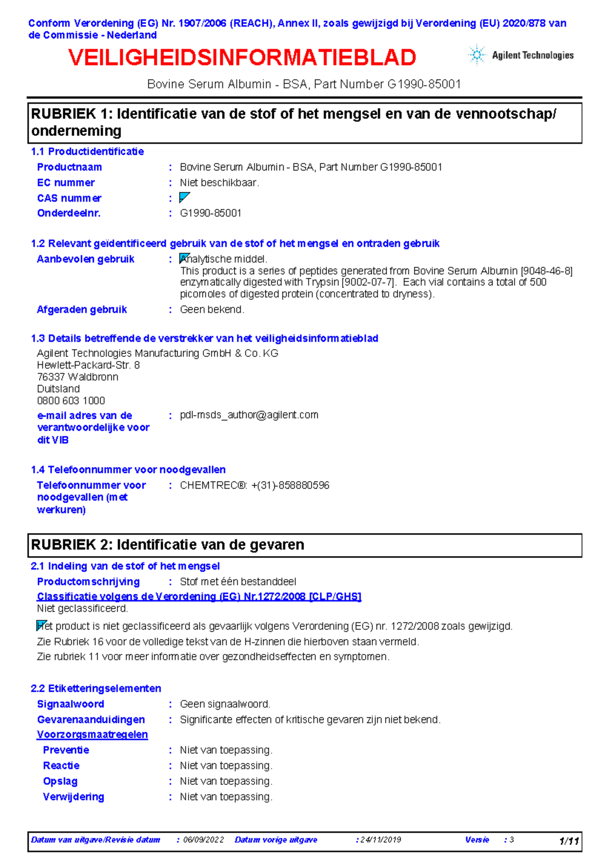 Veiligheidsinformatieblad BSA - VEILIGHEIDSINFORMATIEBLAD Bovine Serum ...