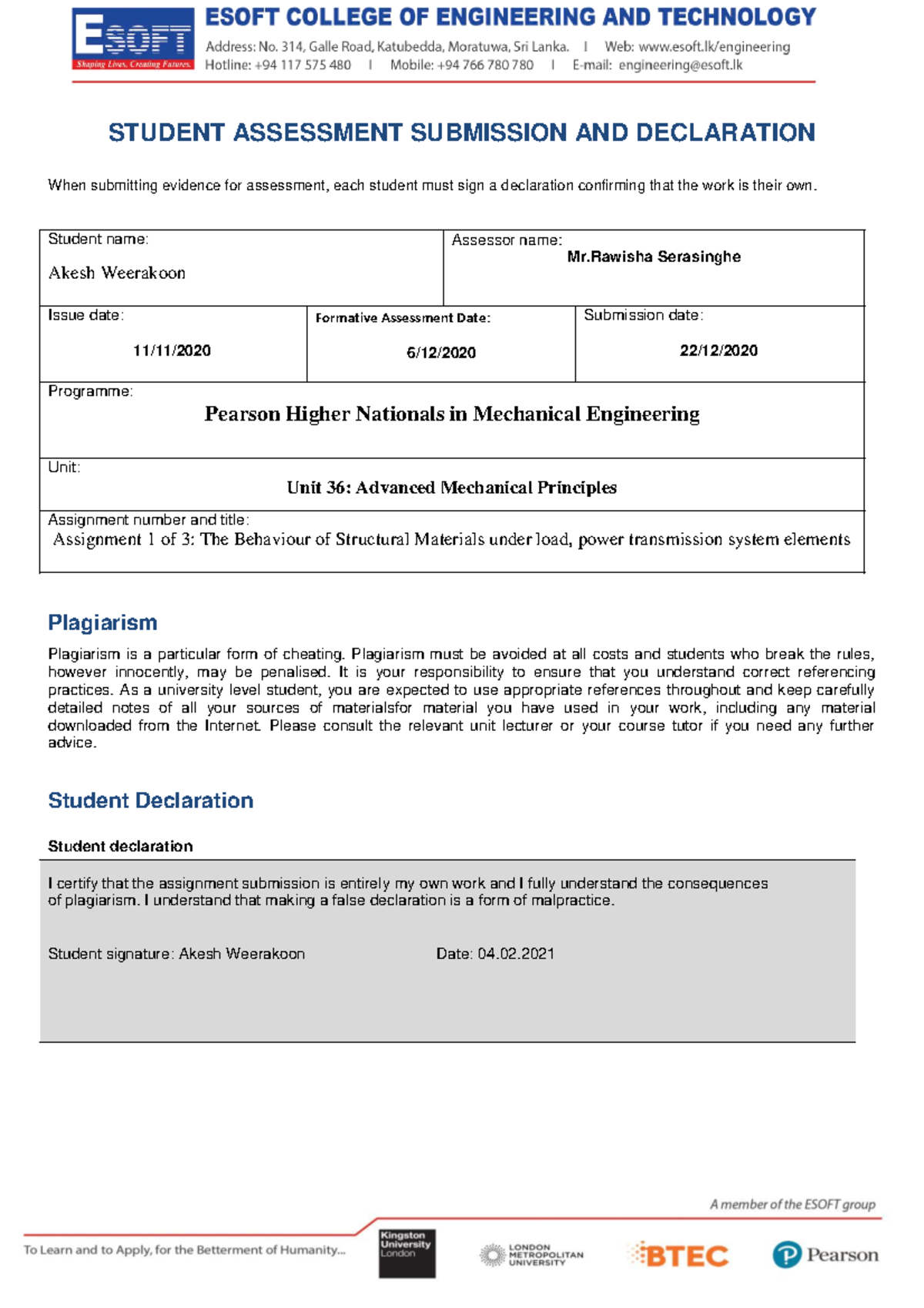 U36 Advanced Mechanical Principles Assignment 1 - STUDENT ASSESSMENT ...