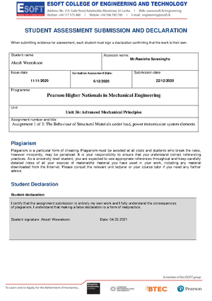 Assignment working- Mech principals 02 - Person BTEC HND in Mechanical Engineering LO Task 1 1 ...