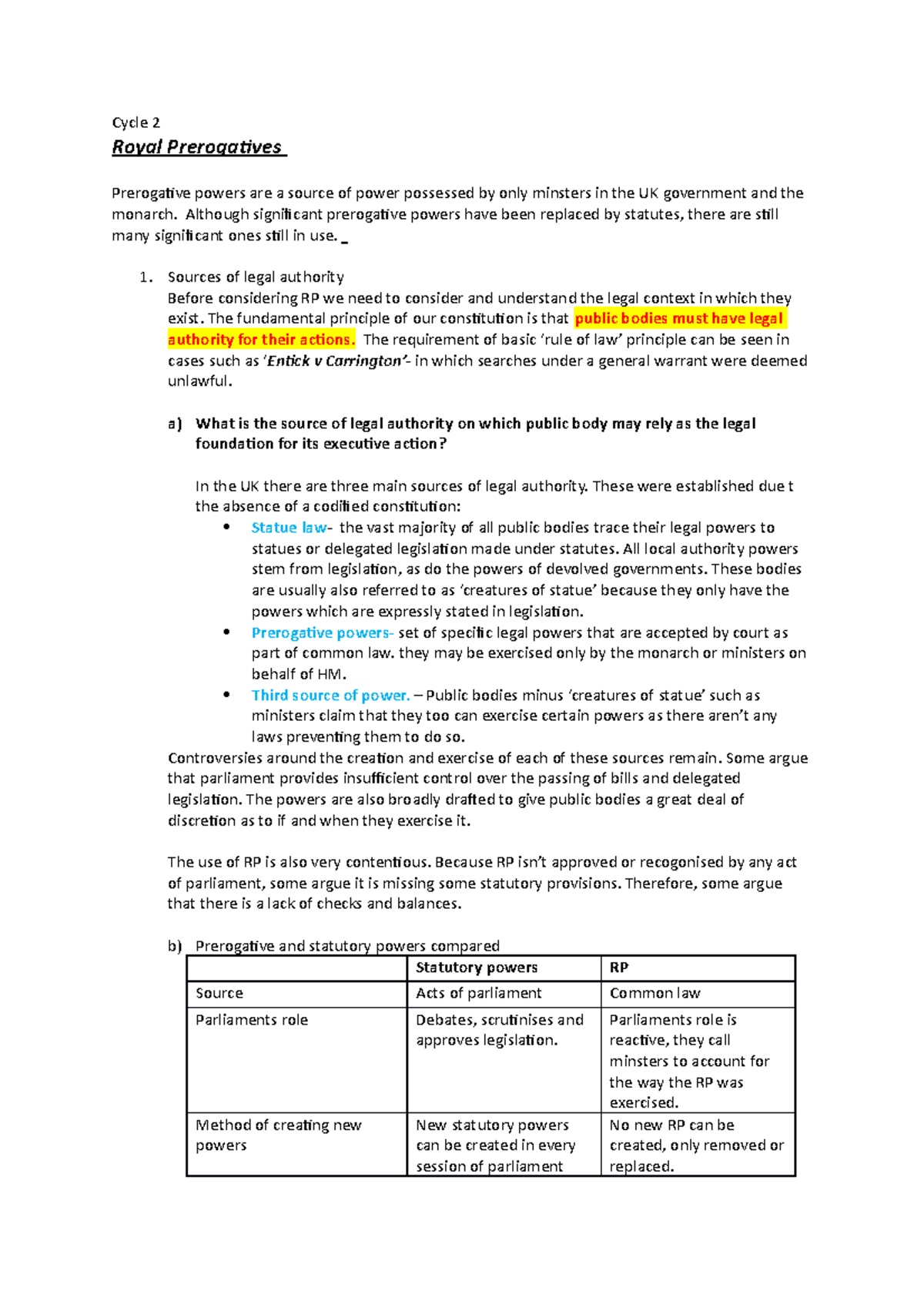 The Royal prerogative- notes - Cycle 2 Royal Prerogatives Prerogative ...