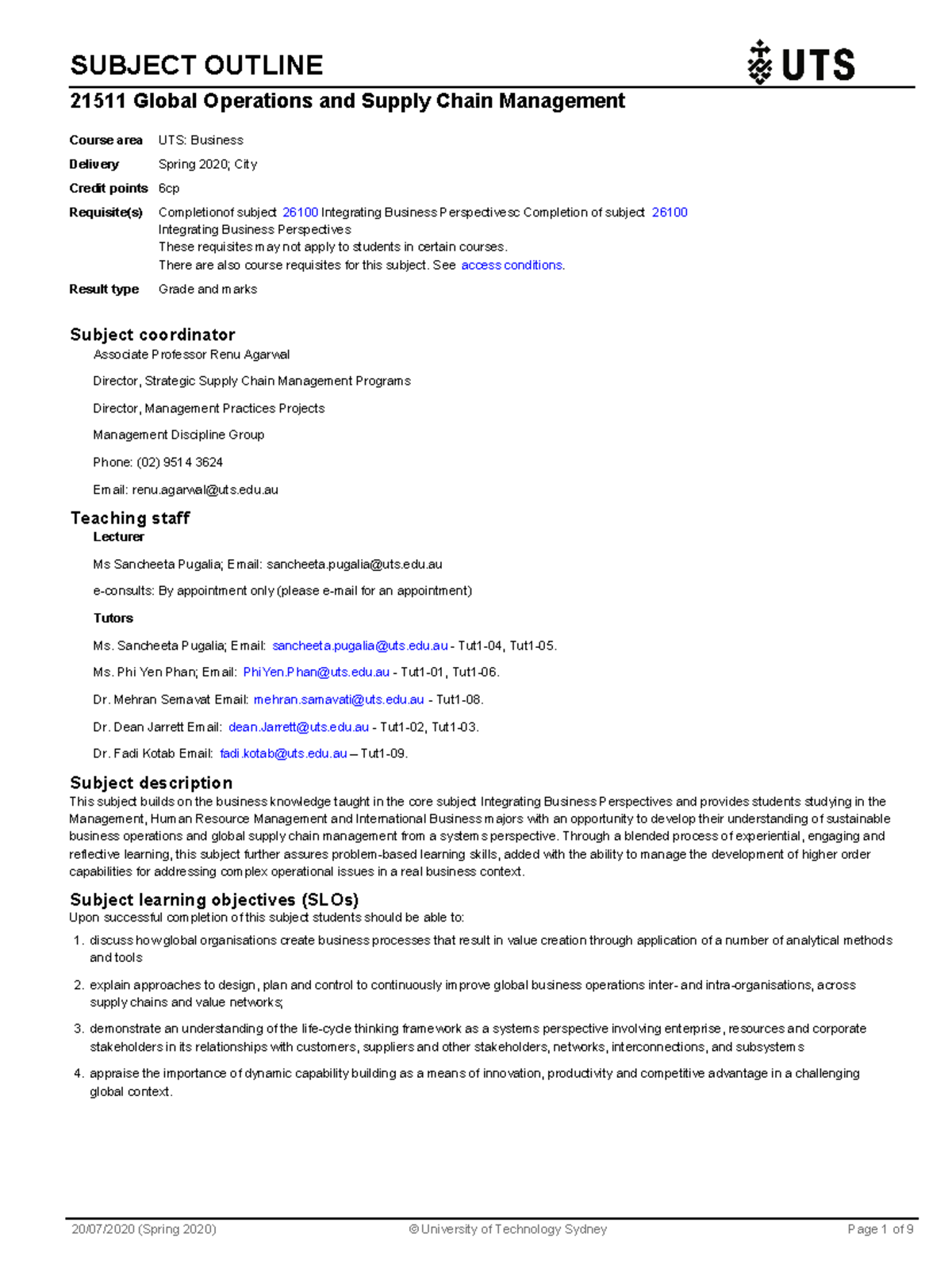Global Operations and SCM - SUBJECT OUTLINE 21511 Global Operations and ...