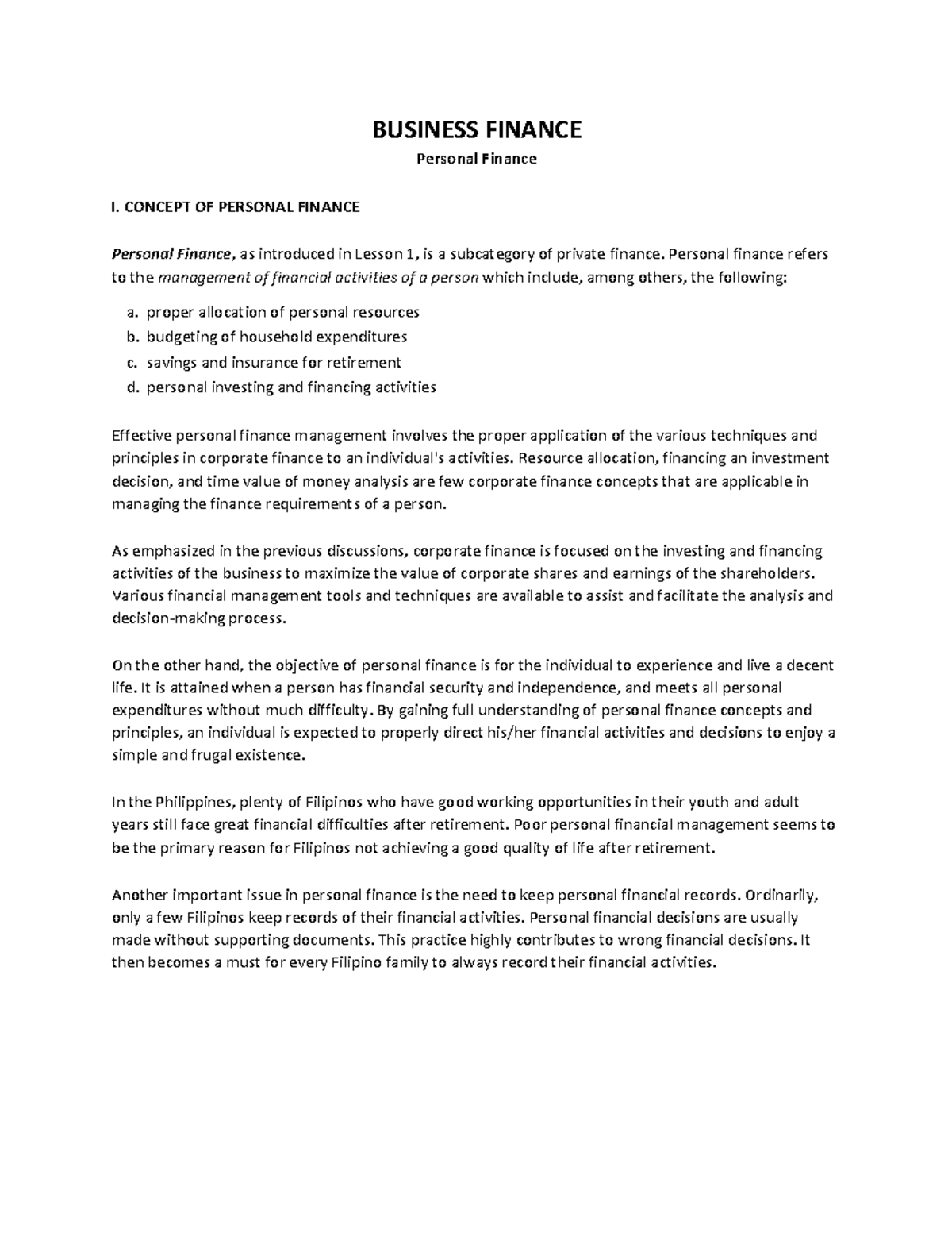Personal Finance - BUSINESS FINANCE Personal Finance I. CONCEPT OF ...