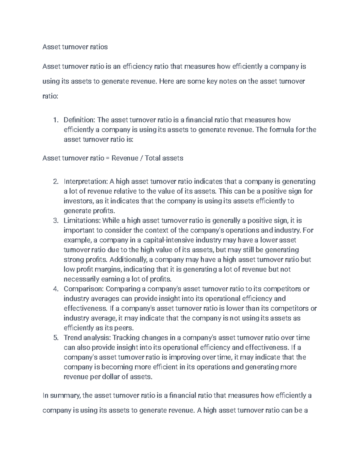 Asset turnover ratios notes - Asset turnover ratios Asset turnover ...