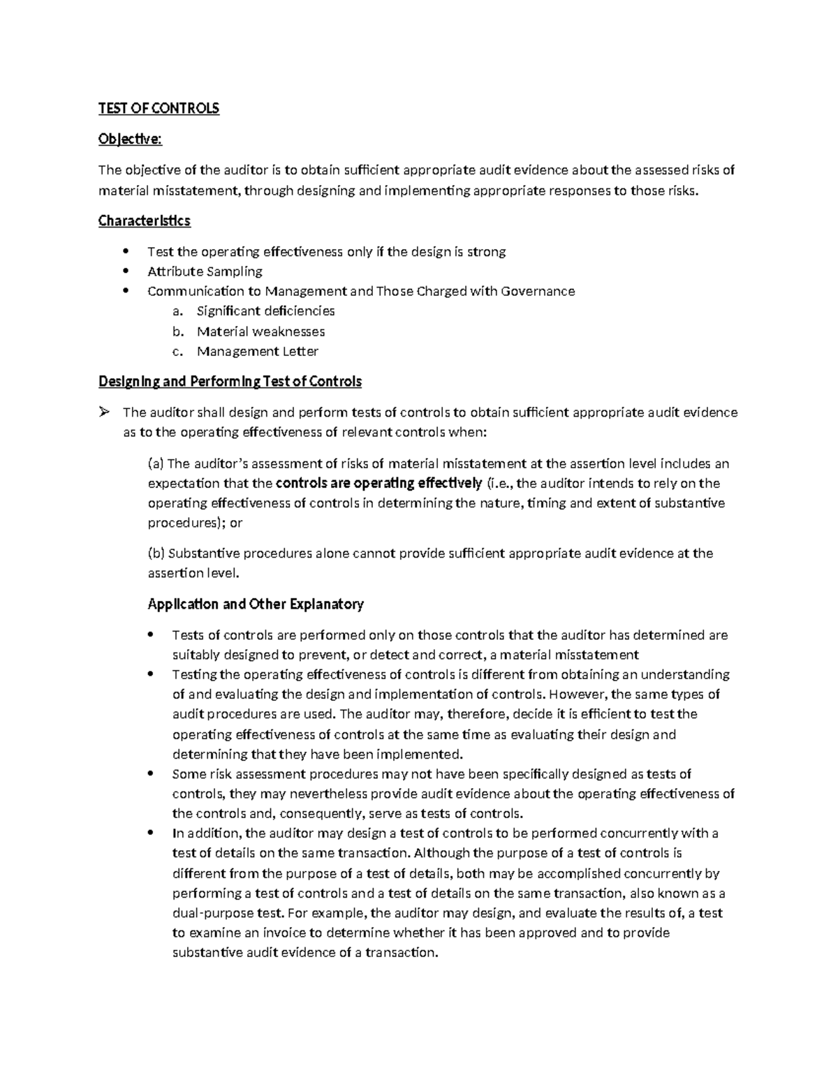 TEST-OF- Control - TEST OF CONTROLS Objective: The objective of the ...