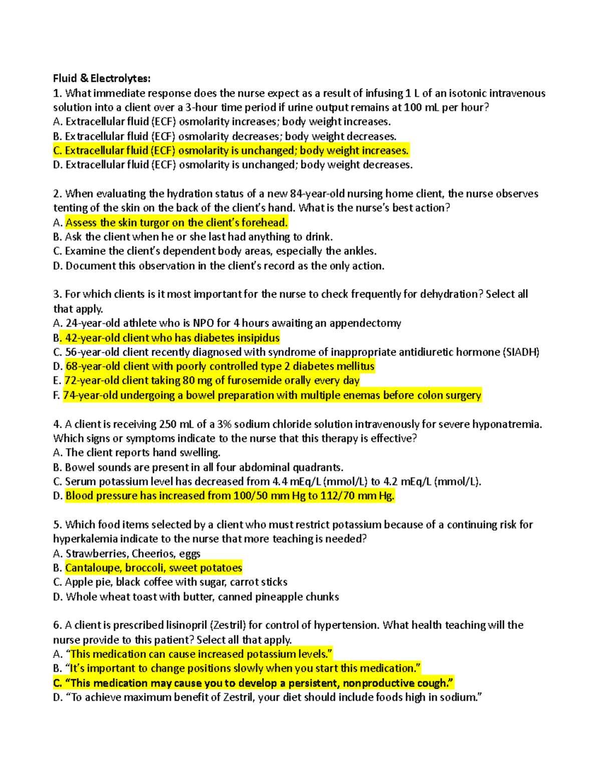 Final practice questions - Fluid & Electrolytes: What immediate ...