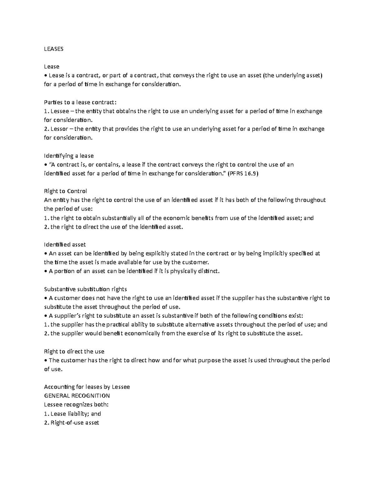 Leases - LEASES Lease Lease is a contract, or part of a contract, that ...