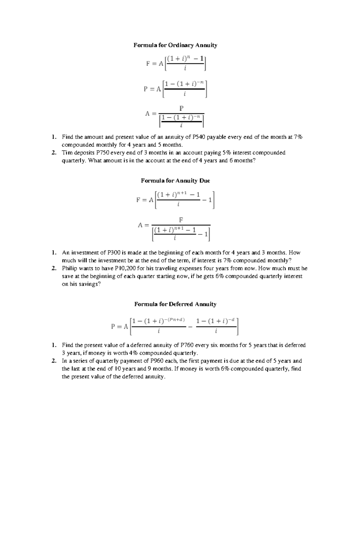 Annuity - Formula for Ordinary Annuity Find the amount and present ...