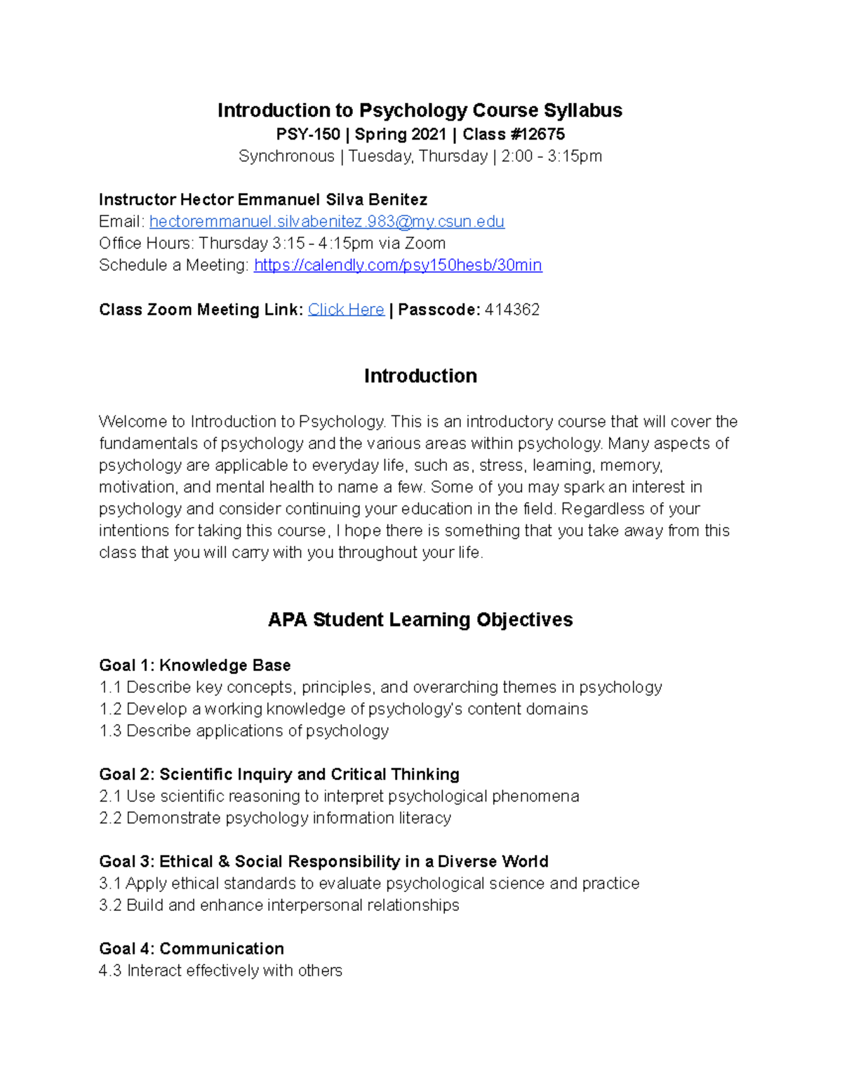 Course Syllabus - Introduction to Psychology Course Syllabus PSY-150 ...