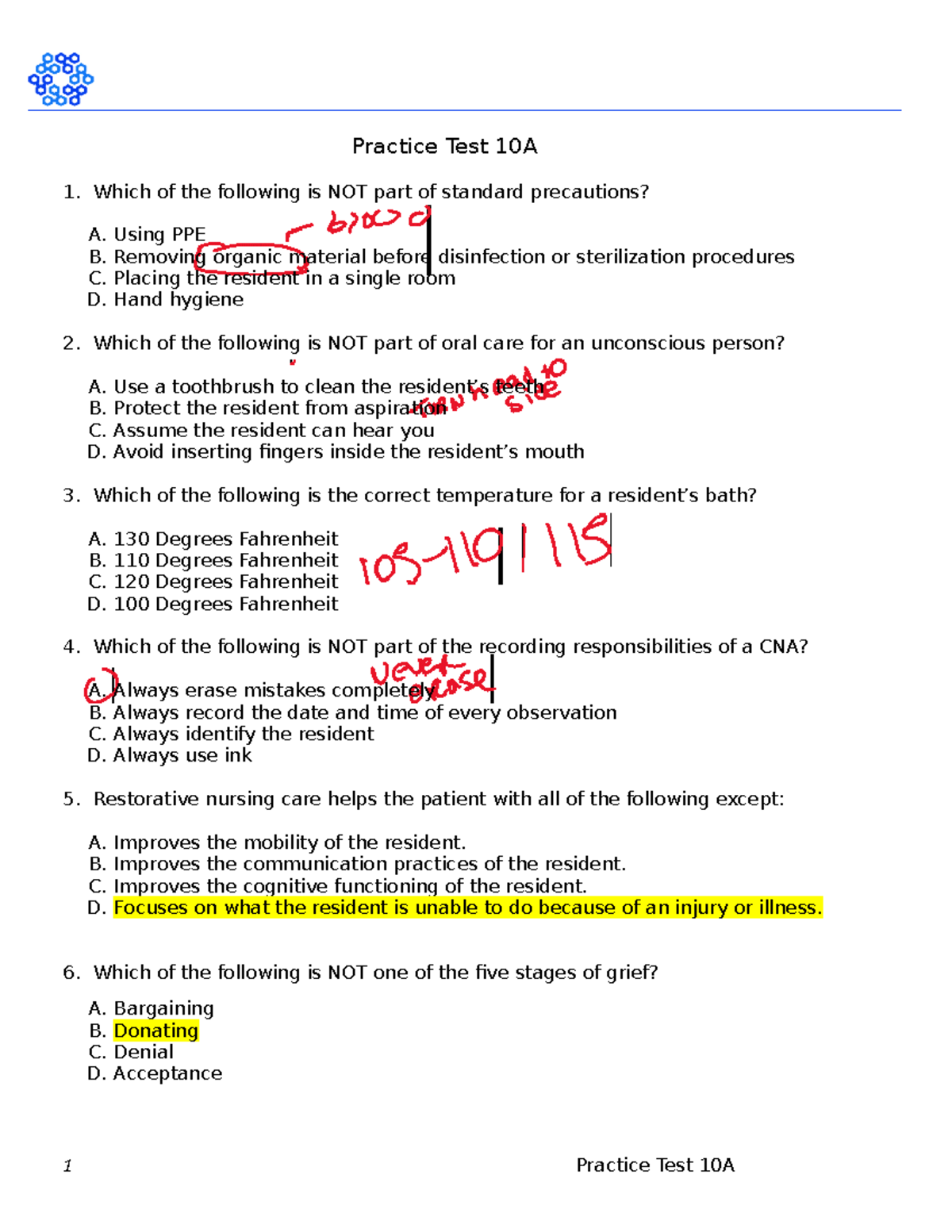 Practice Test 10A Printable 09272016 - Practice Test 10A Which of the ...