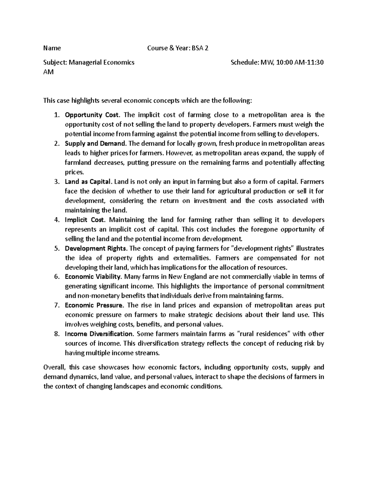 Assignment 1 - Name Course & Year: BSA 2 Subject: Managerial Economics ...