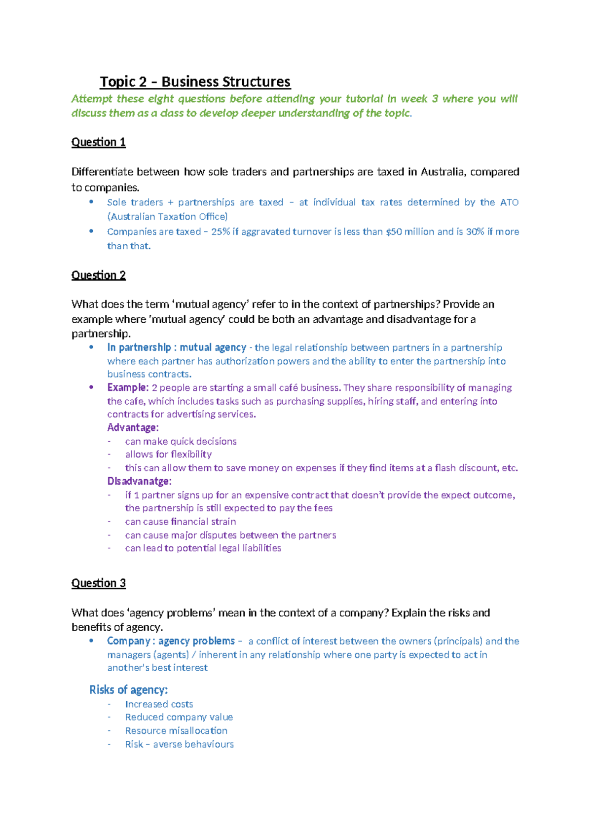 Topic 2 Tutorial Exercises - Topic 2 – Business Structures Attempt ...